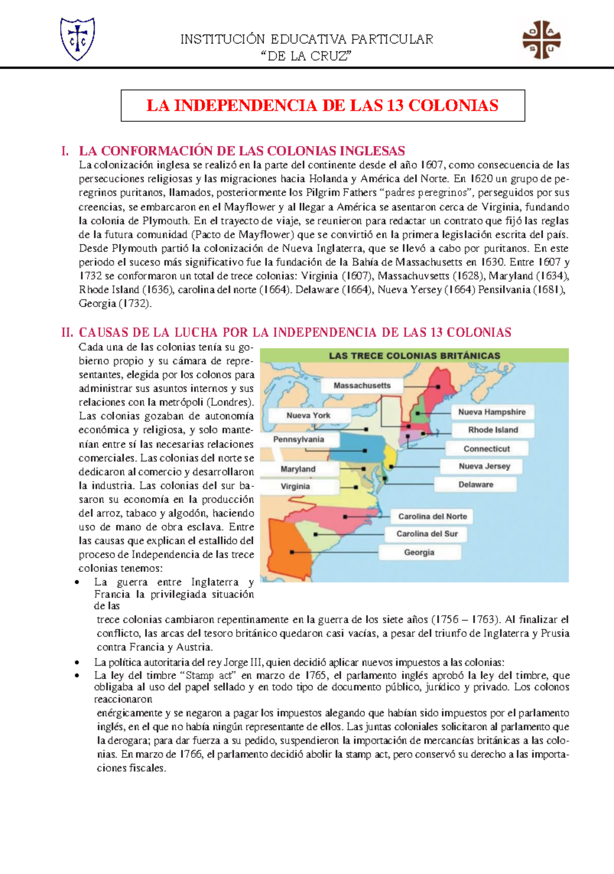 Ficha DE Trabajo - LA Independencia DE LAS 13 Colonias - INSTITUCIÓN ...