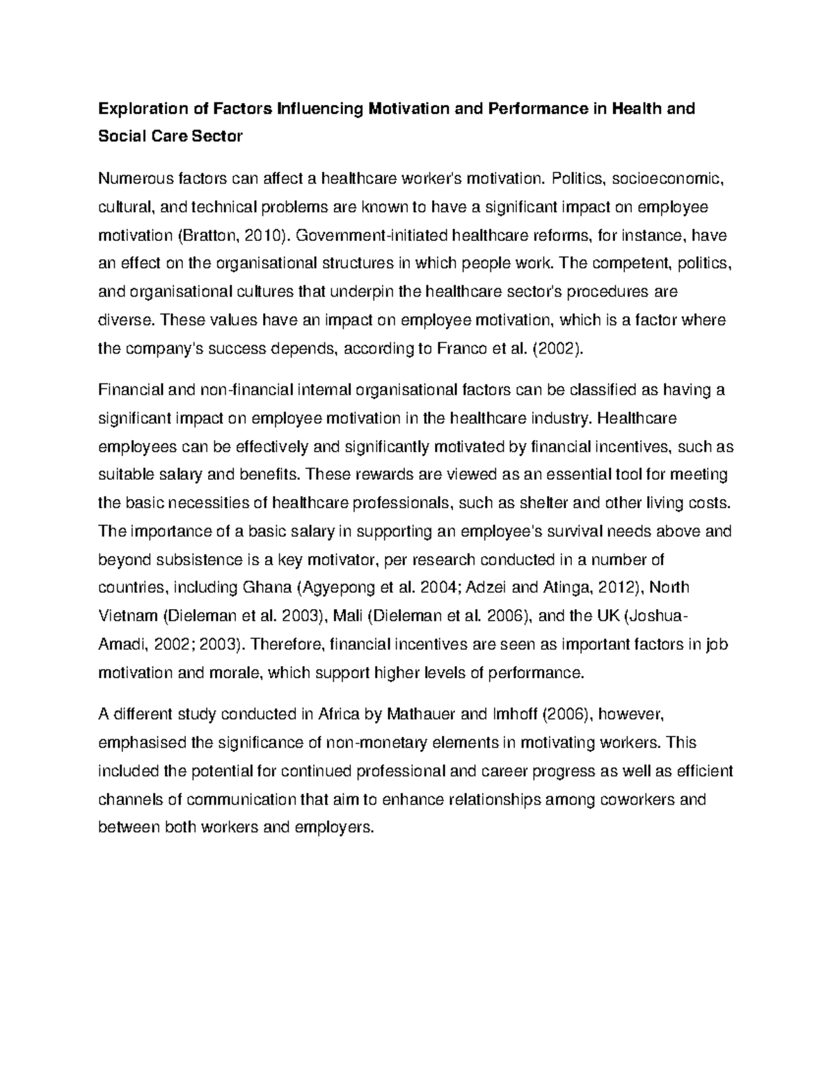 Exploration of Factors Influencing Motivation and Performance in Health ...