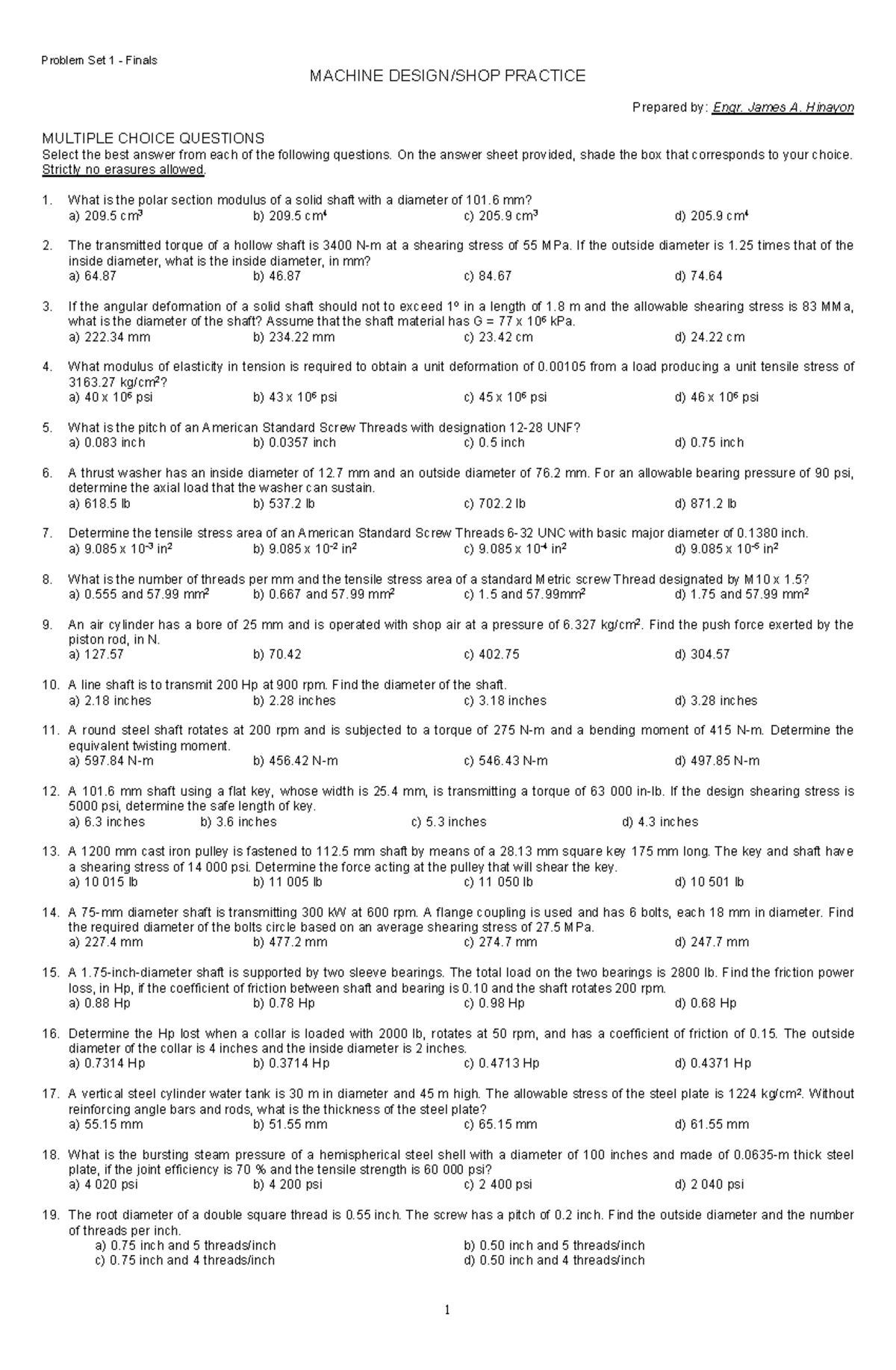 MD Problem set 1 finals - Machine design - MACHINE DESIGN/SHOP PRACTICE Prepared by: Engr. James ...