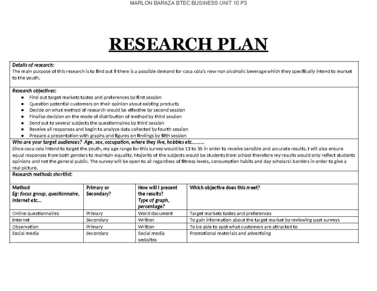 Market Research Plan - MARLON BARAZA BTEC BUSINESS UNIT 10 P RESEARCH ...