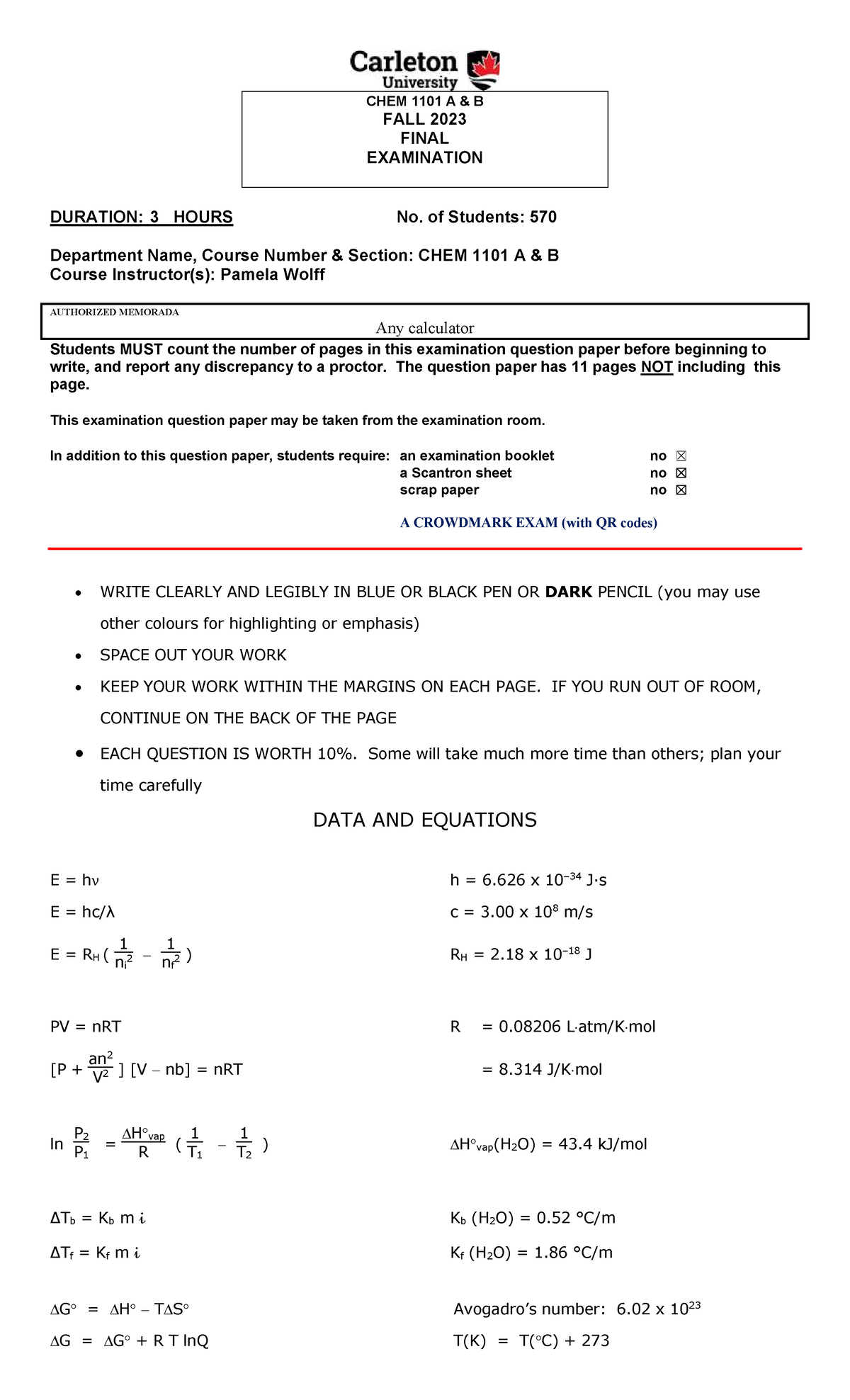 Sample exam from f 2023 - CHEM 1101 A & B FALL 2023 FINAL EXAMINATION ...