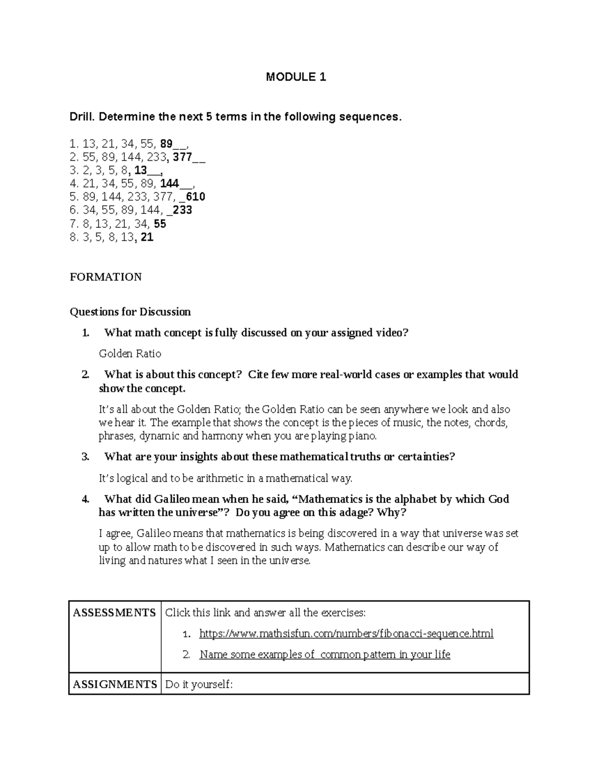 Mathematic module - Activities - MODULE 1 Drill. Determine the next 5 ...