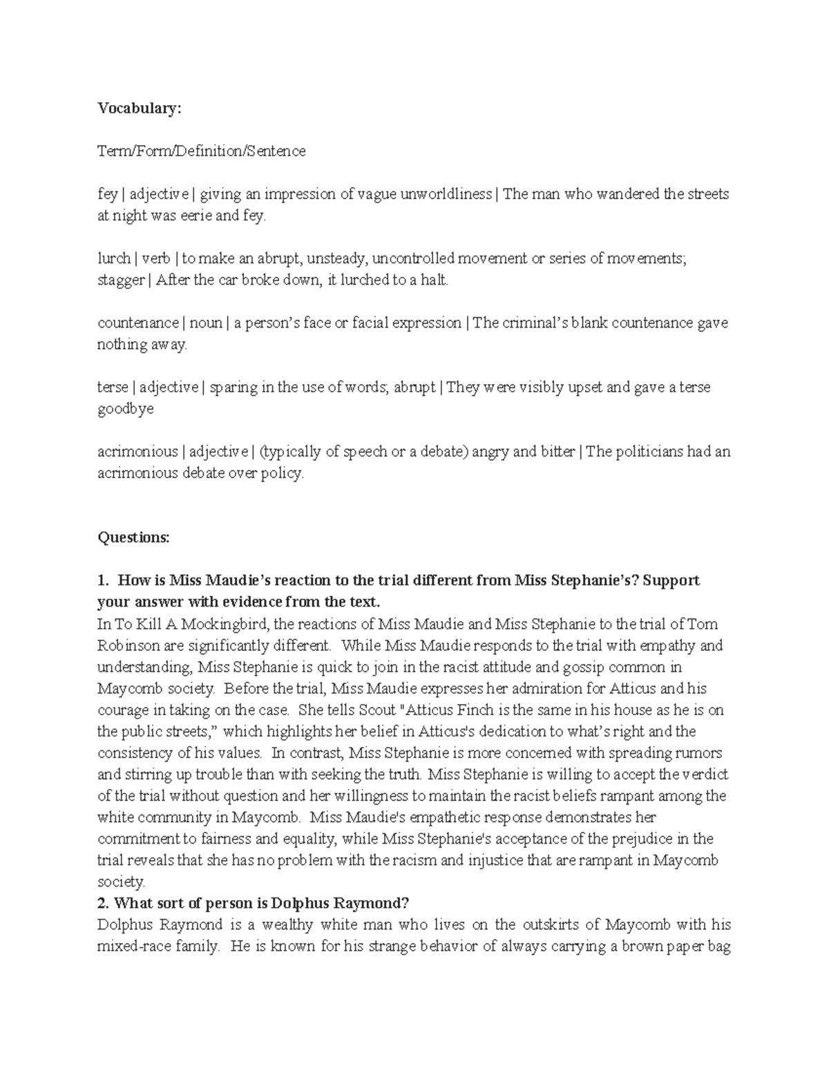 Chapter 16-17 Questions - To Kill a Mockingbird - Vocabulary: Term/Form ...