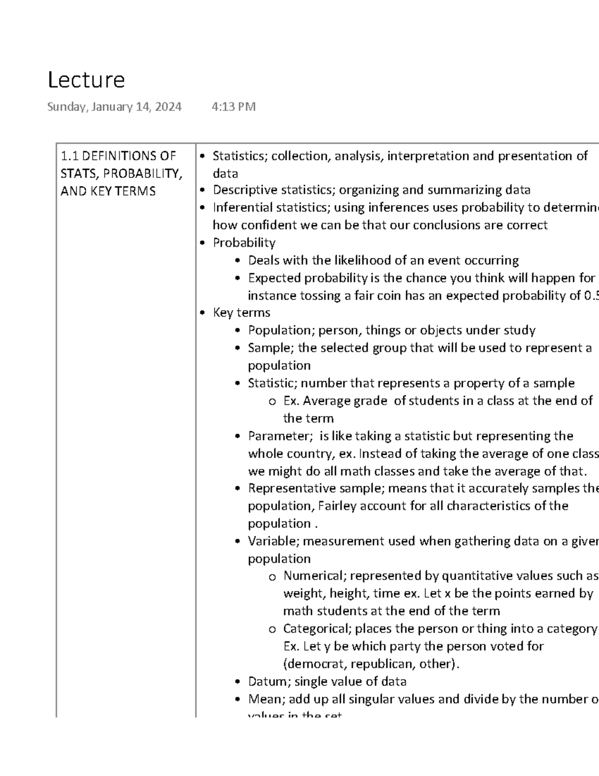 Lecture - note - 1 DEFINITIONS OF STATS, PROBABILITY, AND KEY TERMS ...