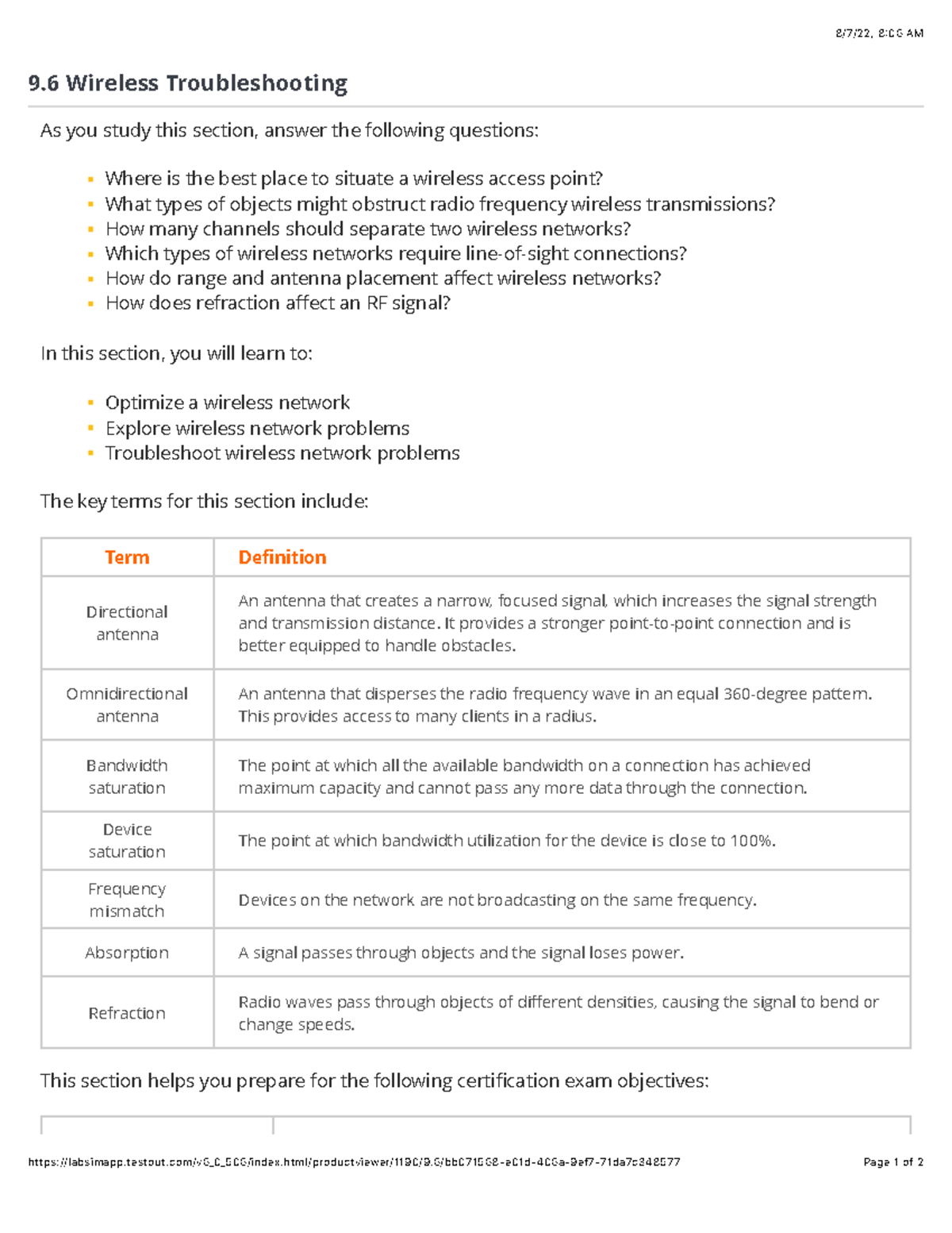 Test Out 9 - TestOut Chapter 9.6 Facts Sheet - 8:06 AM 9 Wireless ...
