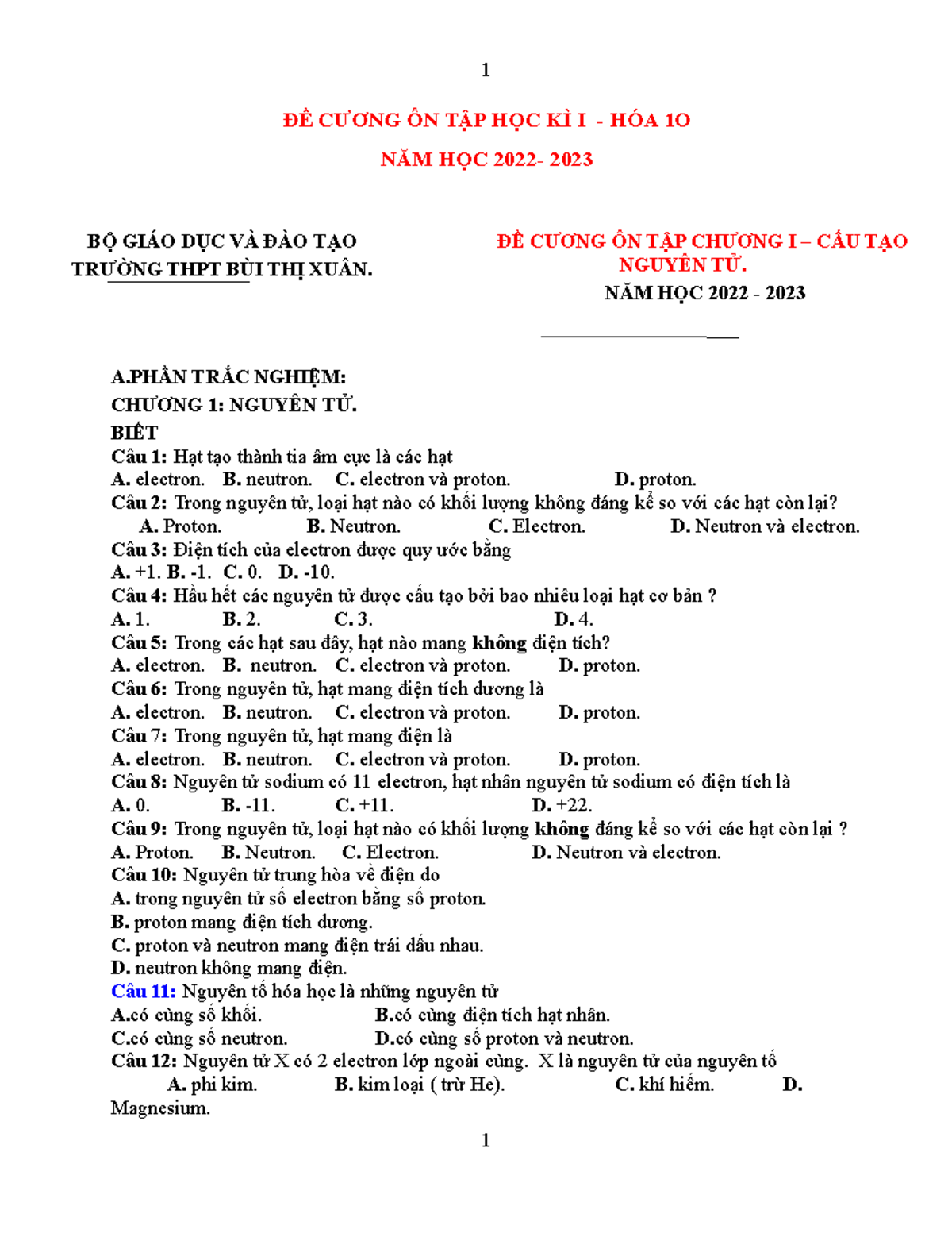 Tailieuxanh decuong hoa 10 docx thpt bui thi xuan 2216 - ĐỀ CƯƠNG ÔN ...