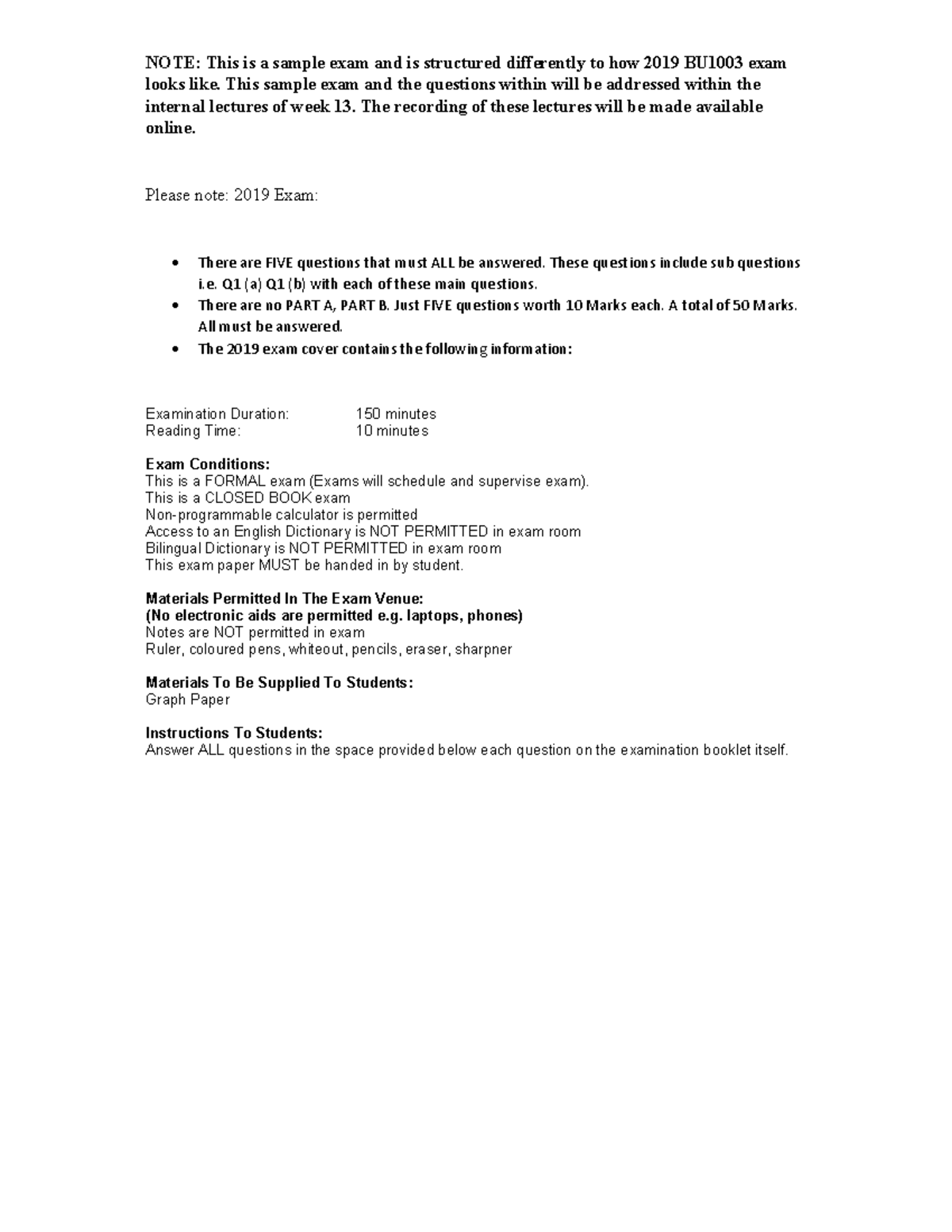 Sample Final EXAM BU1003 BU1903 - NOTE: This is a sample exam and is ...