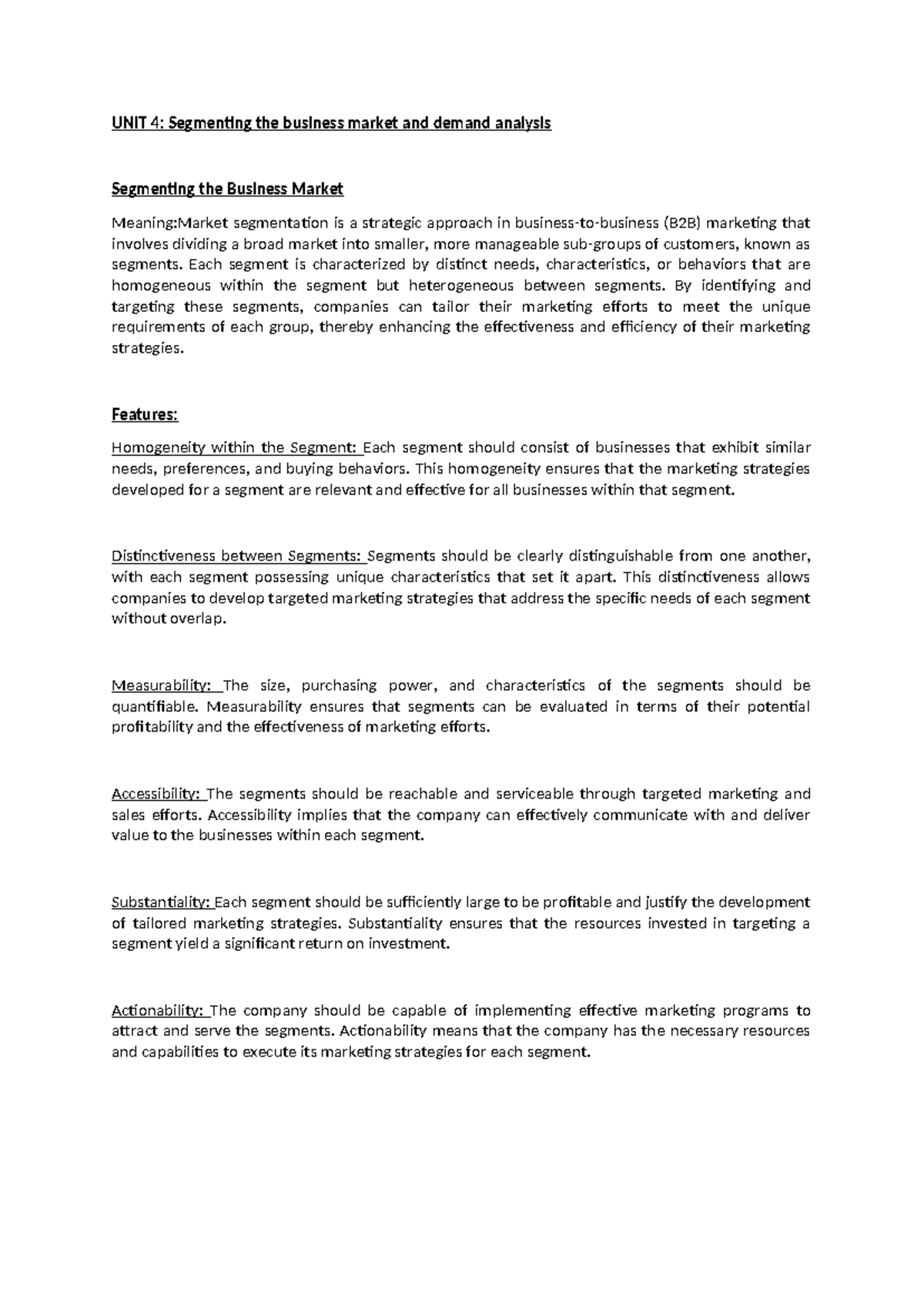 UNIT 4 Notes Segmentating - UNIT 4: Segmenting the business market and ...