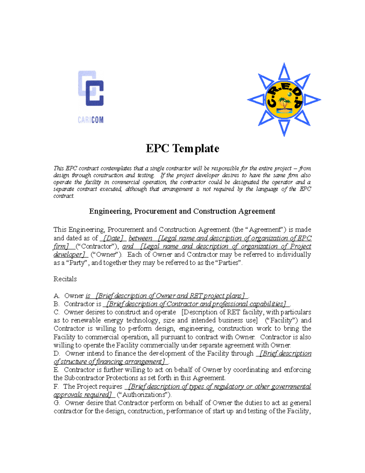 Epc template - EPC Template This EPC contract contemplates that a ...