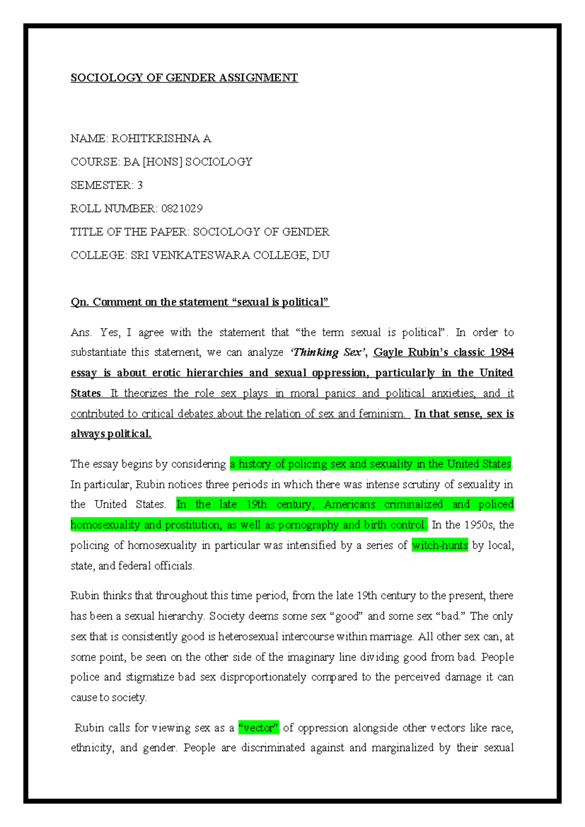 Gender Assignment - nhghngng - SOCIOLOGY OF GENDER ASSIGNMENT NAME ...