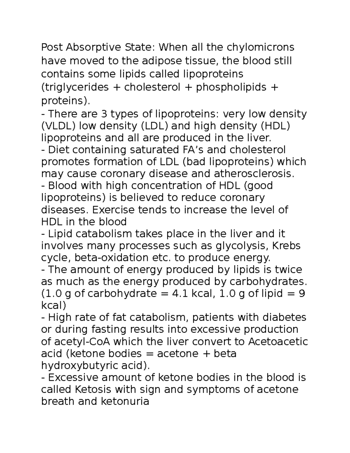 Bio 12 - notes - Post Absorptive State: When all the chylomicrons have ...