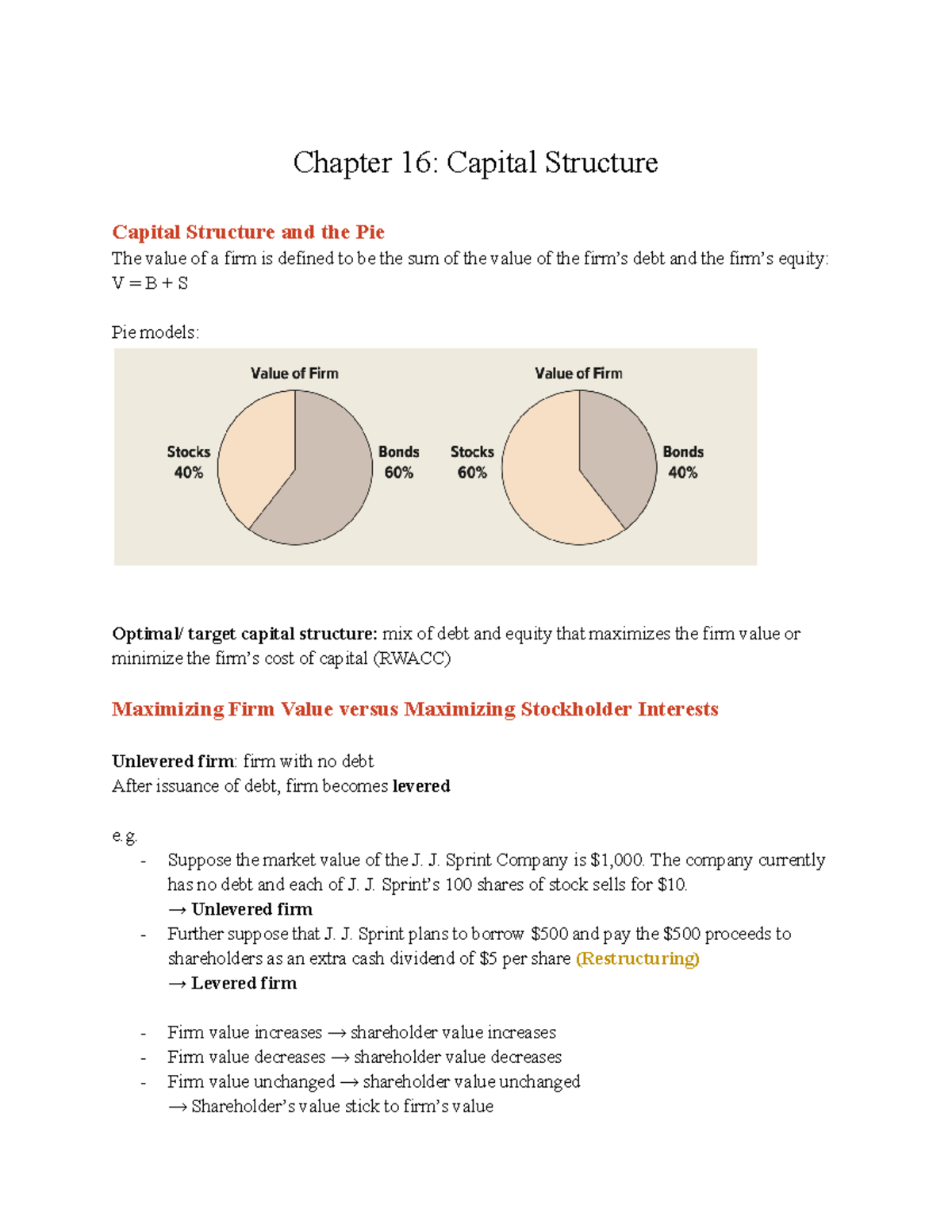 Copy of Chapter 16 - Summary Corporate Finance - Chapter 16: Capital Structure Capital Structure ...