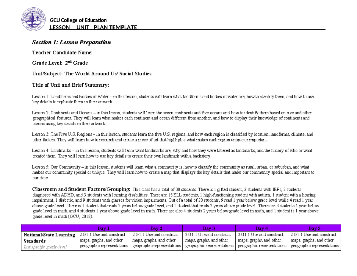 Benchmark Social Studies and the Arts Unit Plan - Section 1: Lesson ...