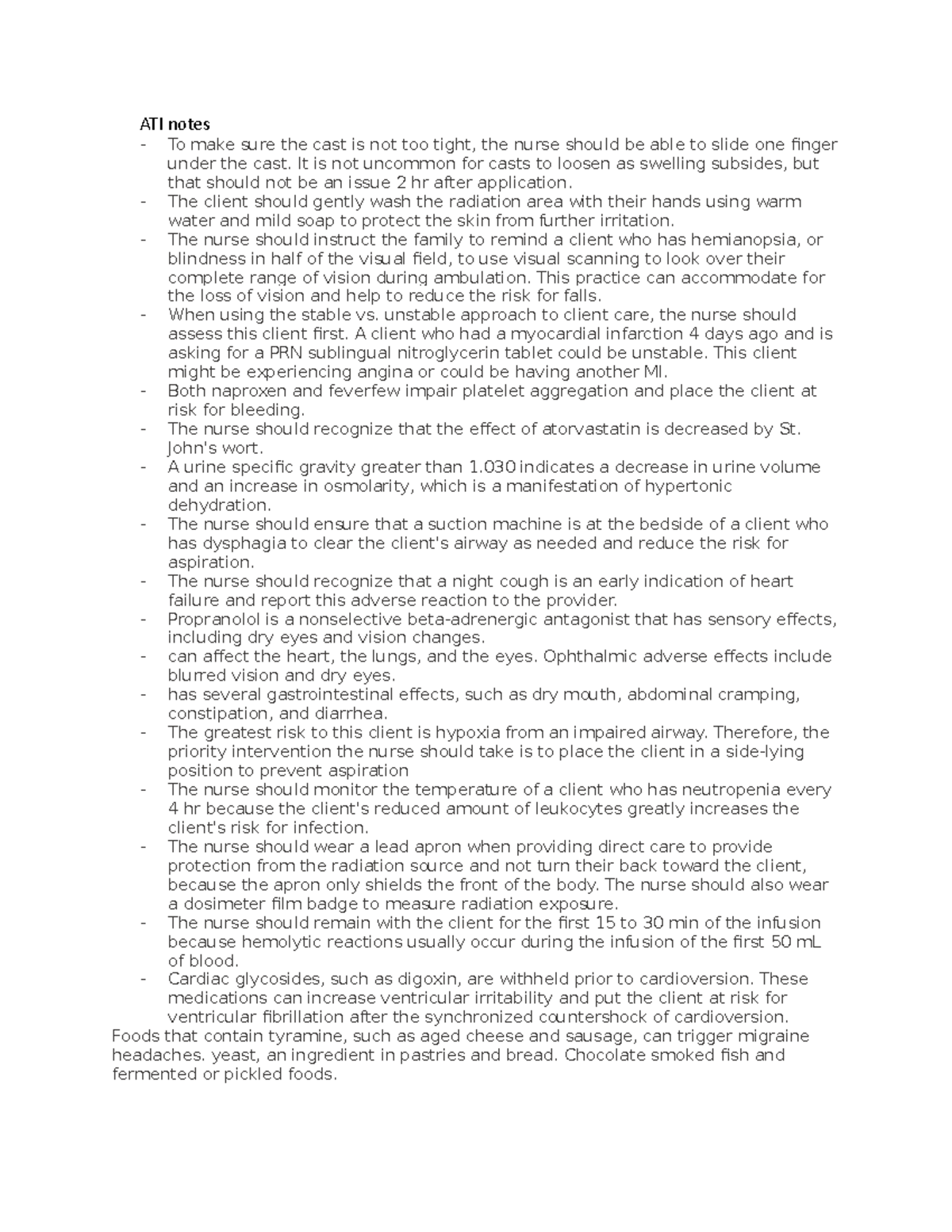 ATI notes - rationales - ATI notes To make sure the cast is not too ...