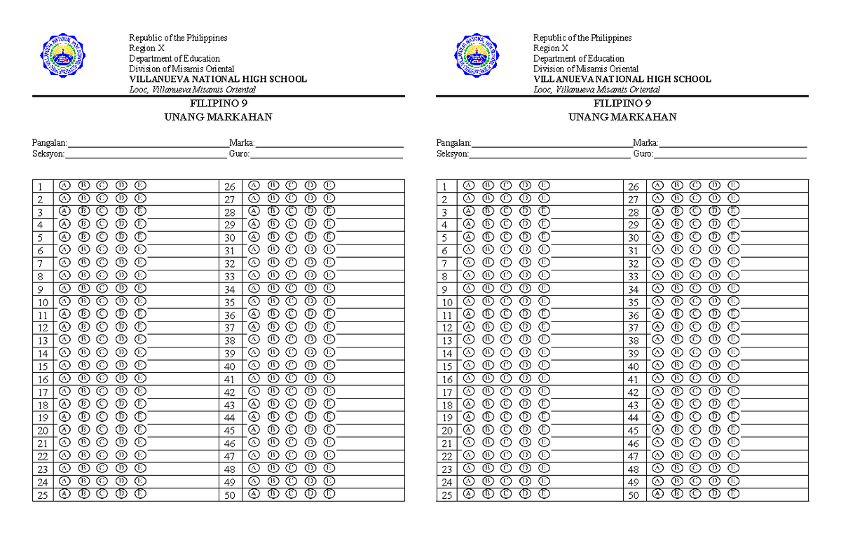 Answer Sheet in Filipino 9 - Republic of the Philippines Region X ...