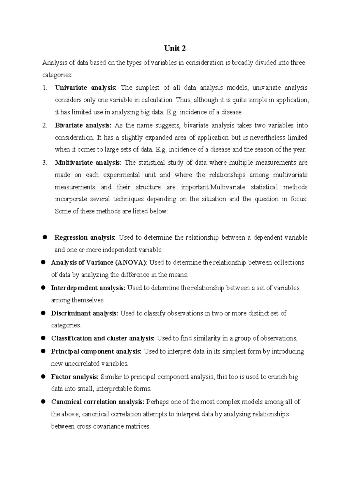 Data Analytics Unit 2 - Unit 2 Analysis of data based on the types of variables in consideration ...