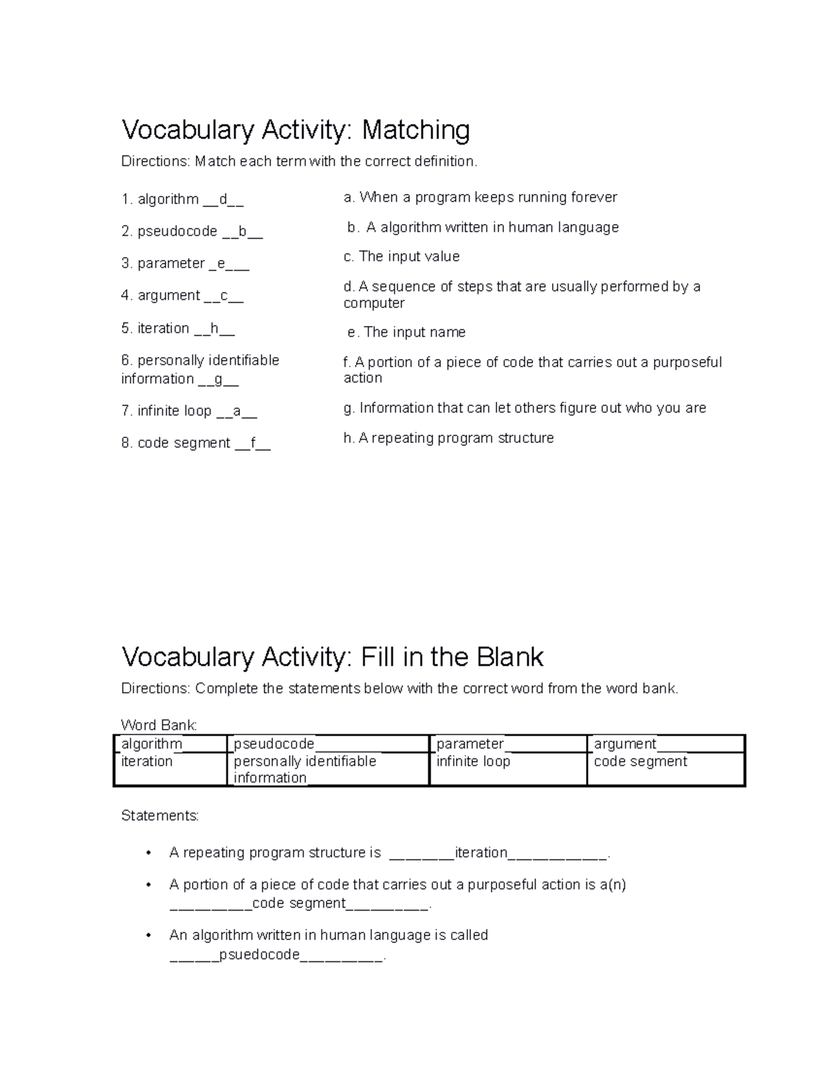 Unit+1 +Labs+3-5,+Vocabulary+Activities - Vocabulary Activity: Matching ...