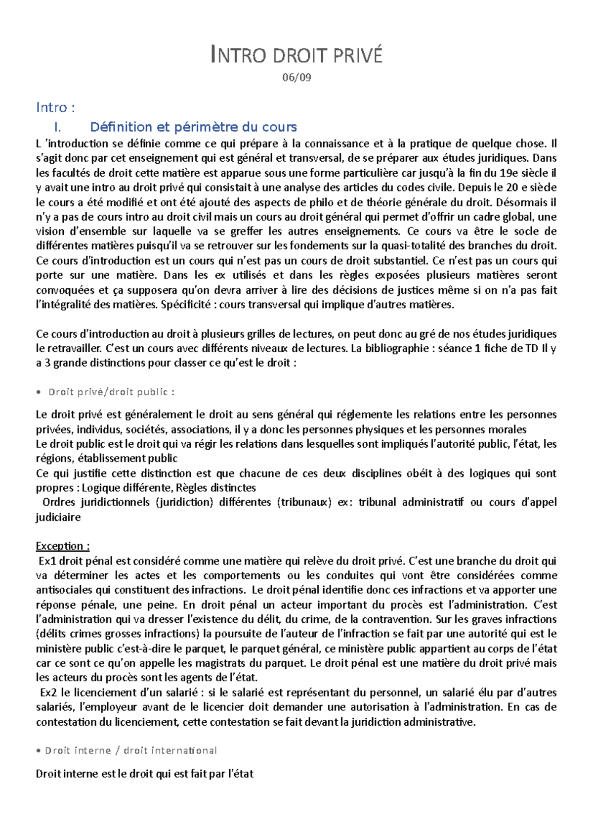 Droit privé - INTRO DROIT PRIVÉ 06/ Intro : I. Définition et périmètre du cours L 'introduction ...