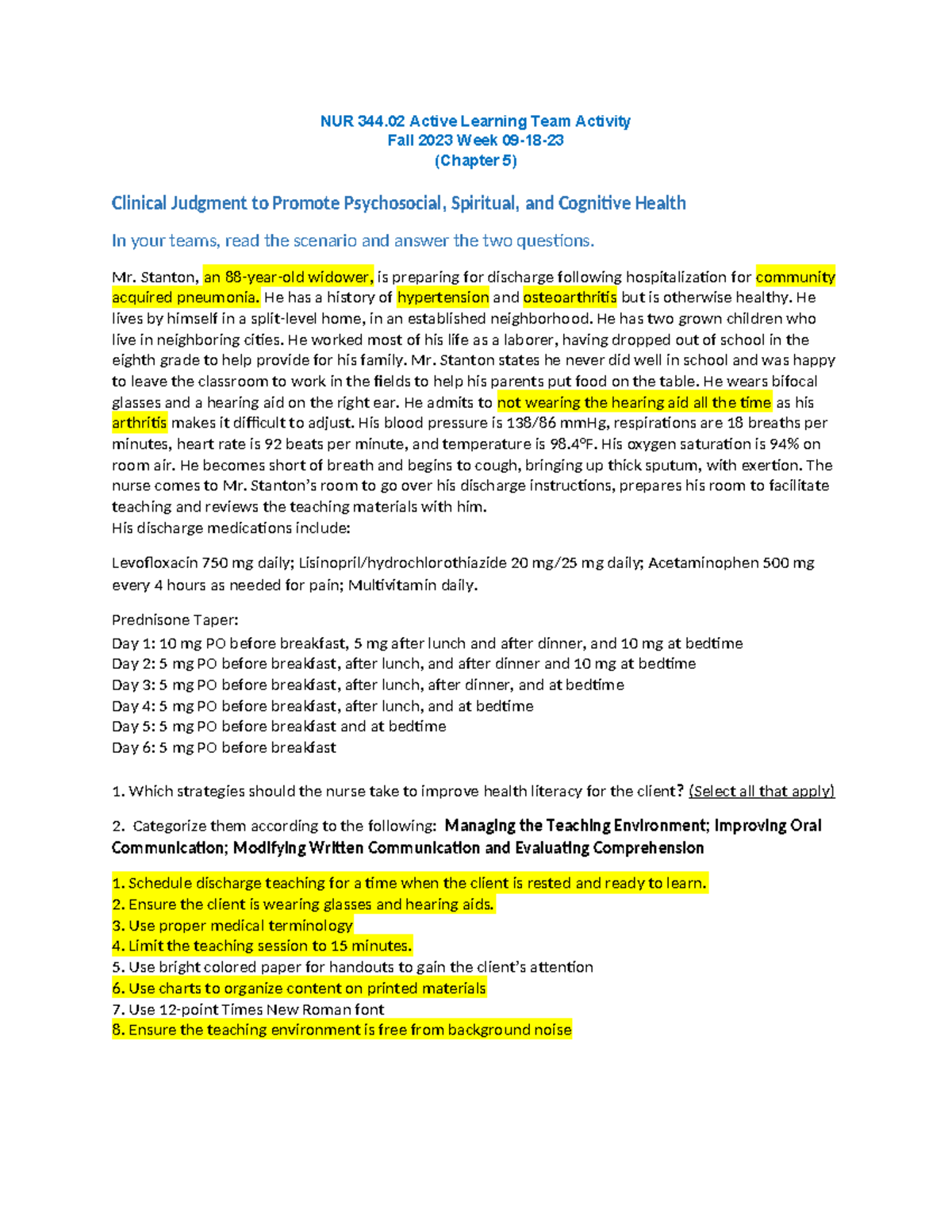 Next Gen Nclex Exam Style Questions Active learning 09-18-23 - NUR 344 ...