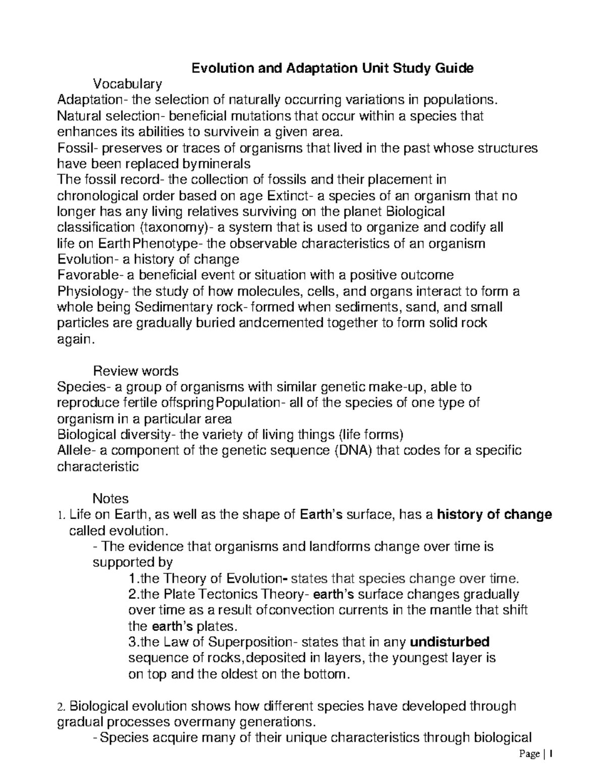 Evolution and Adaptation Unit Study Guide - Evolution and Adaptation ...