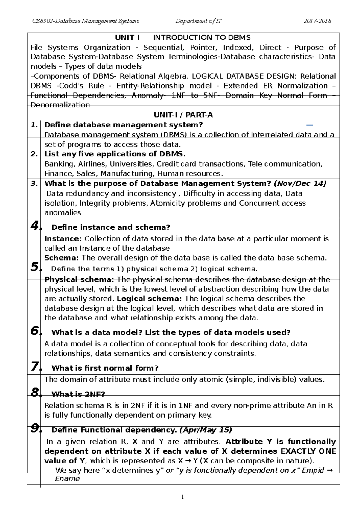 DBMS Question Bank All 5 Units - UNIT I INTRODUCTION TO DBMS File ...