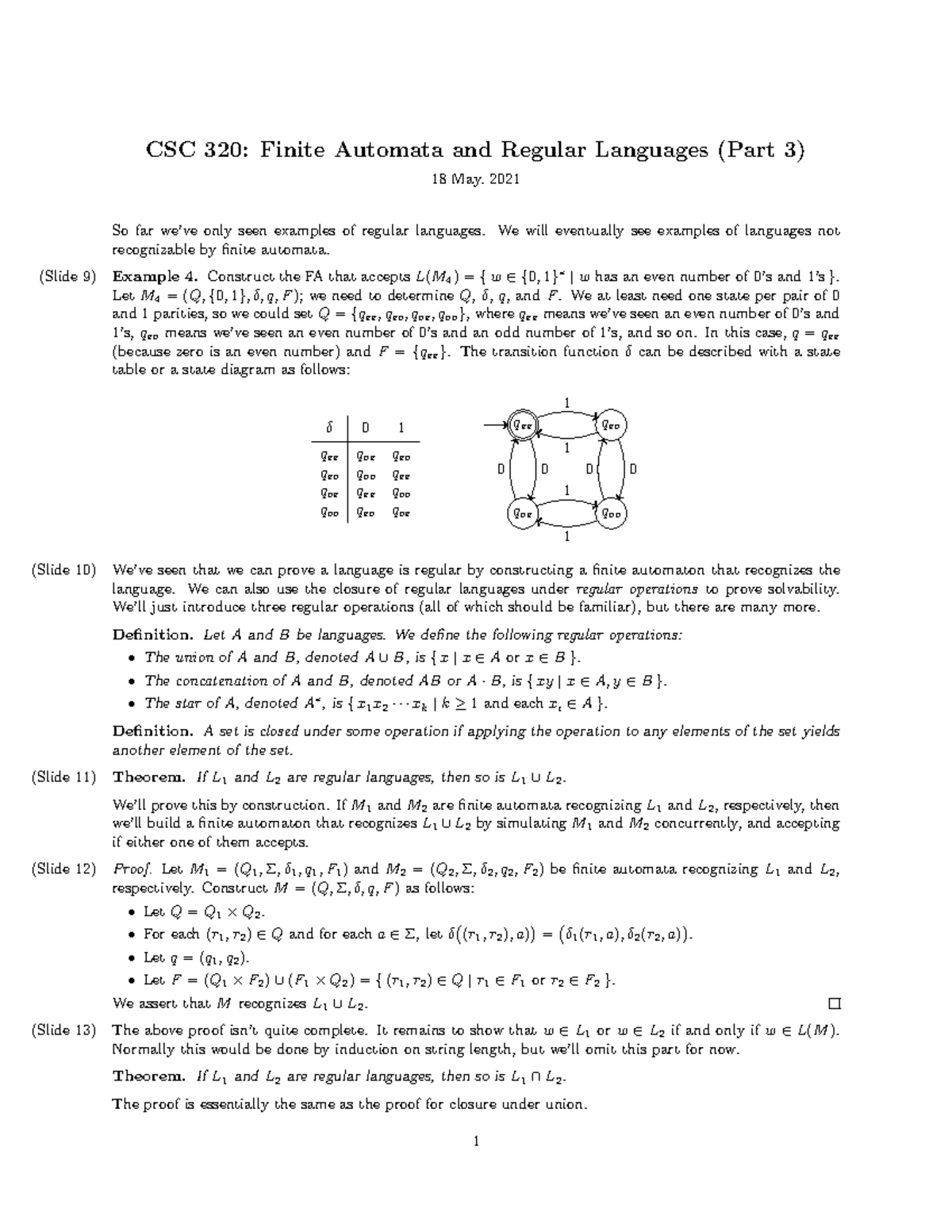 Lecture 03 notes 3 - CSC 320: Finite Automata and Regular Languages ...