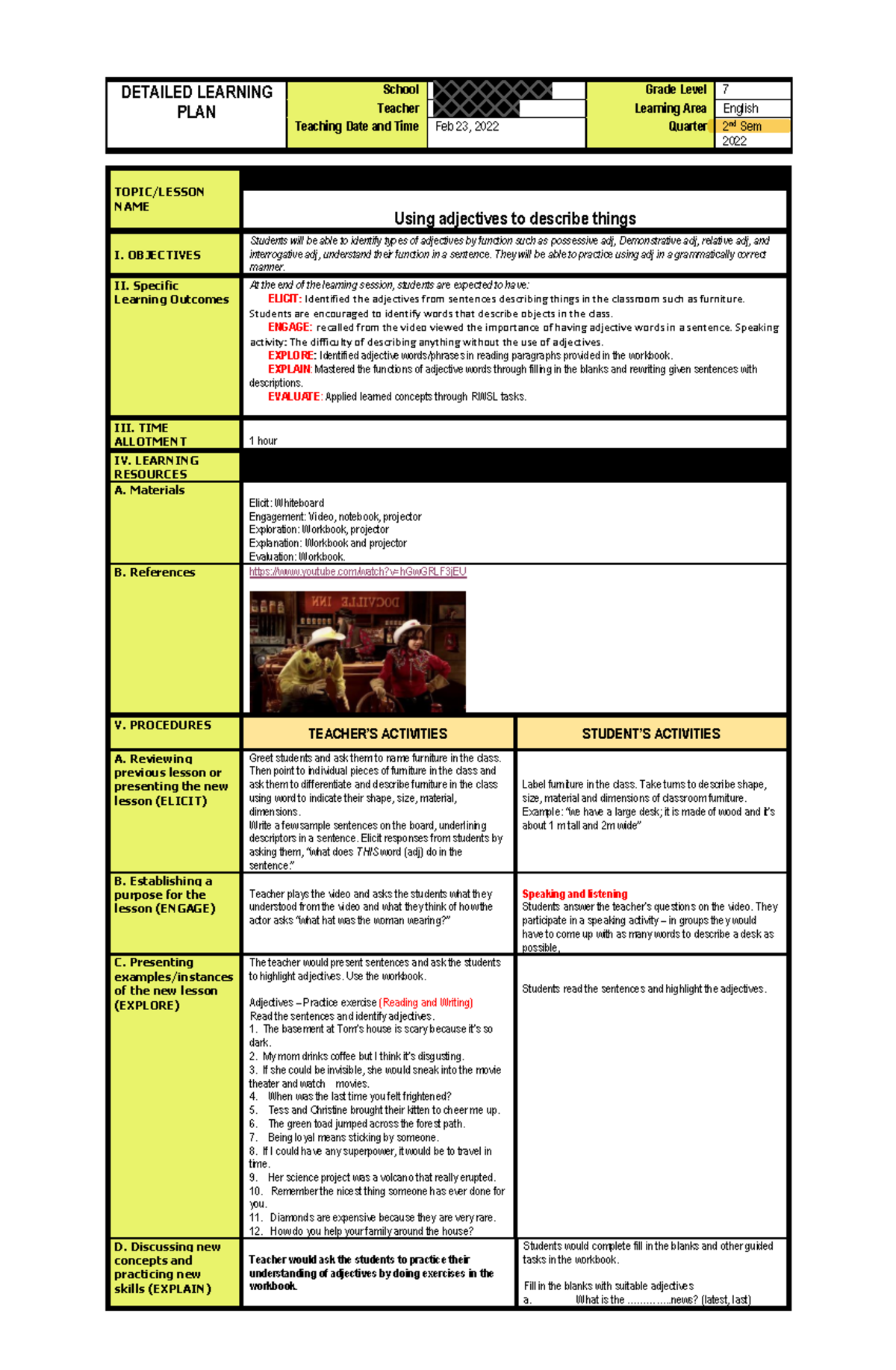 DLP-1-1 - demo - DETAILED LEARNING PLAN School Grade Level 7 Teacher ...