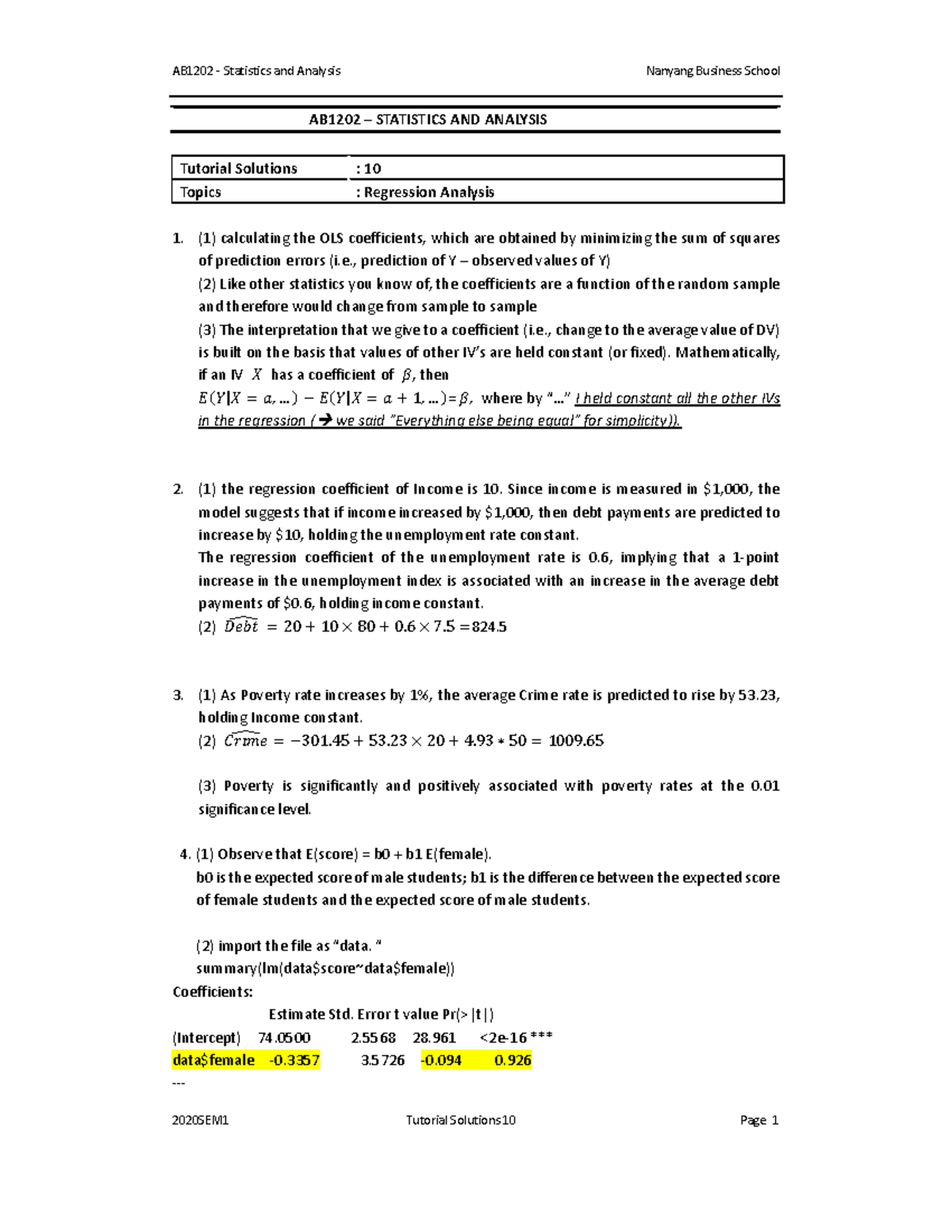 Solutions week 10 - Answers - AB1202 – STATISTICS AND ANALYSIS Tutorial ...