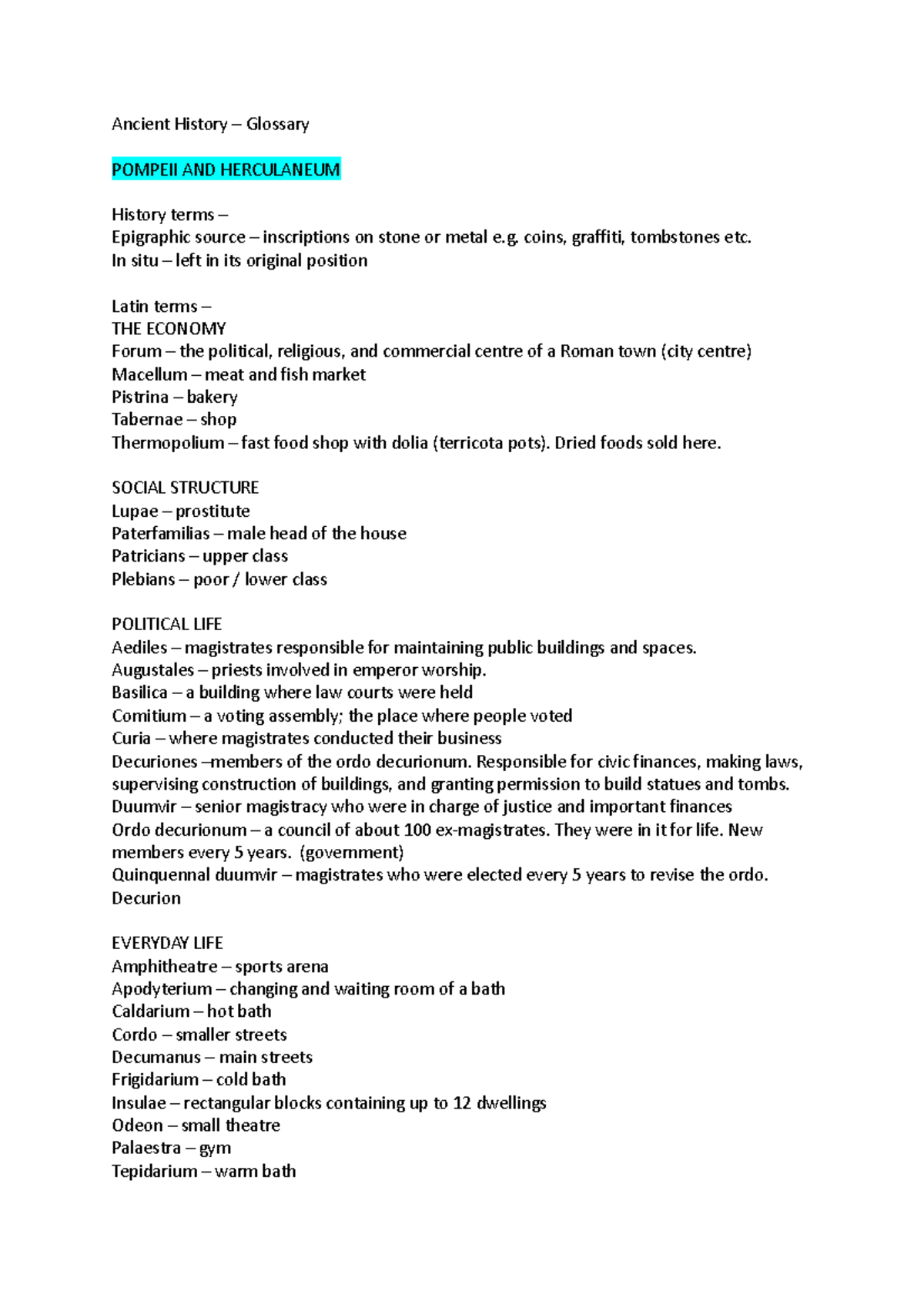 HSC Ancient History Glossary - Ancient History – Glossary POMPEII AND ...