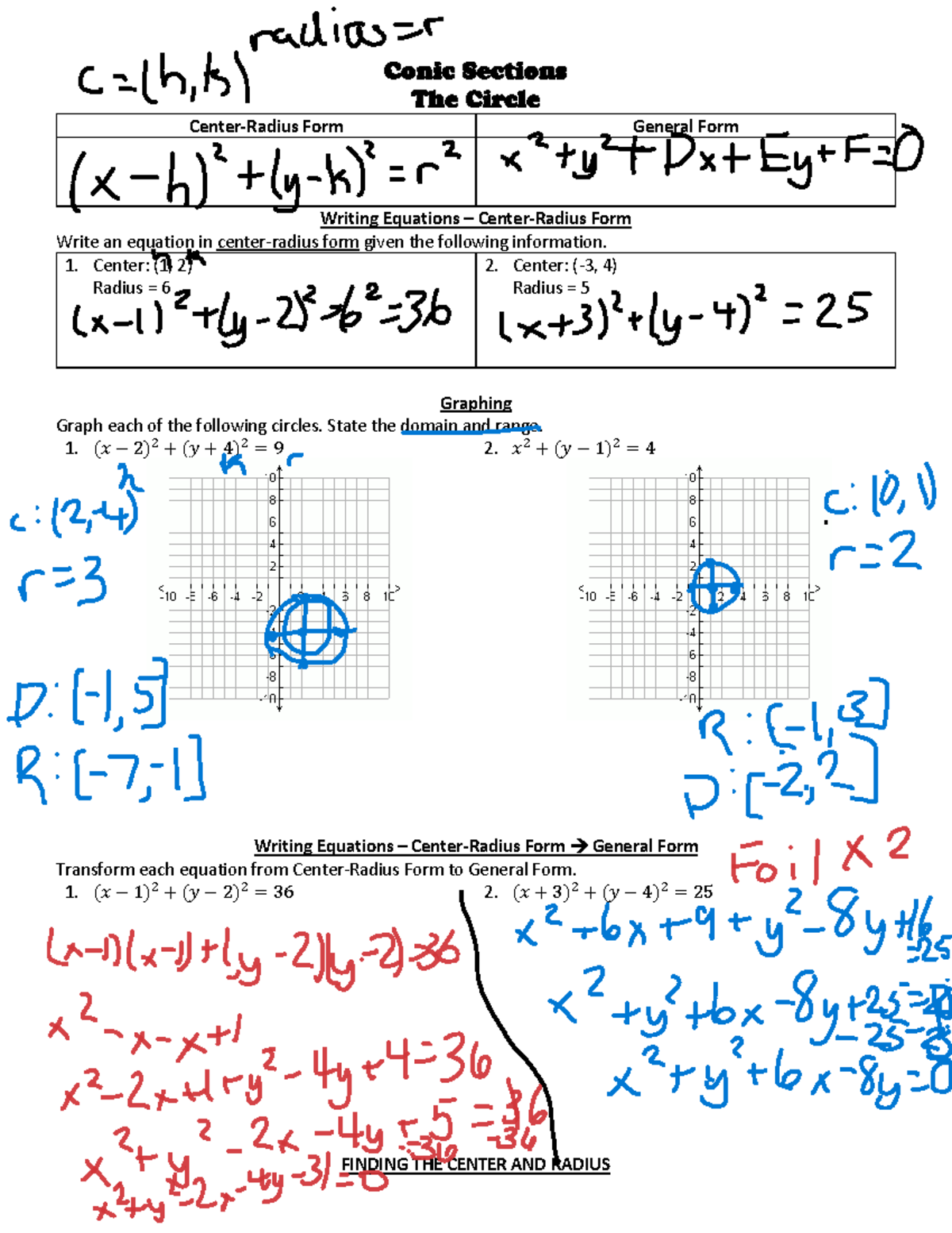 1.9 Circles Guided Notes signed - Conic Sections The Circle Center ...