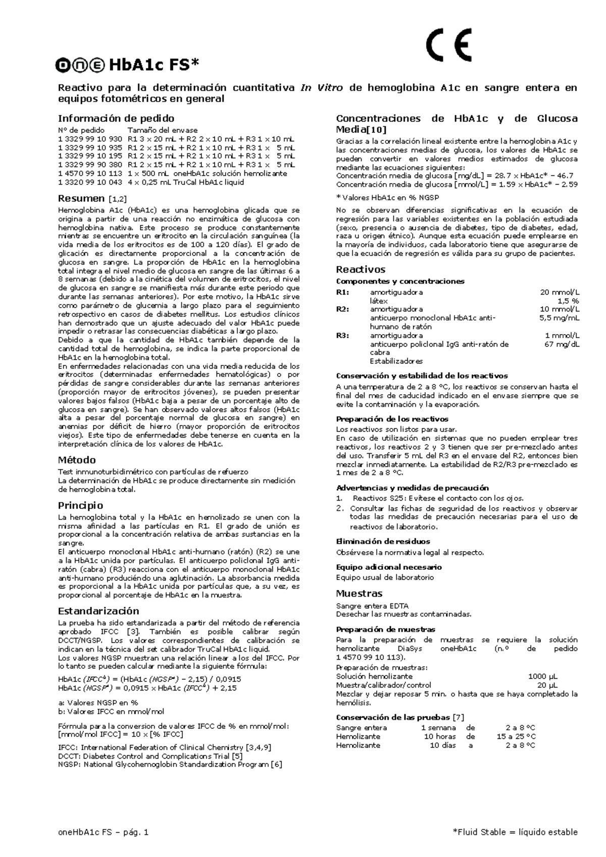 Glicohemoglobina-Hb A1c - oneHbA1c FS – pág. 1 *Fluid Stable = líquido ...