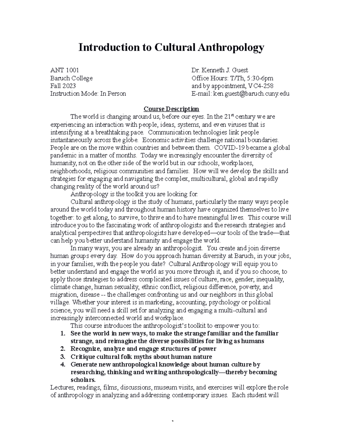 Intro syllabus fall 2023 - Introduction to Cultural Anthropology ANT ...