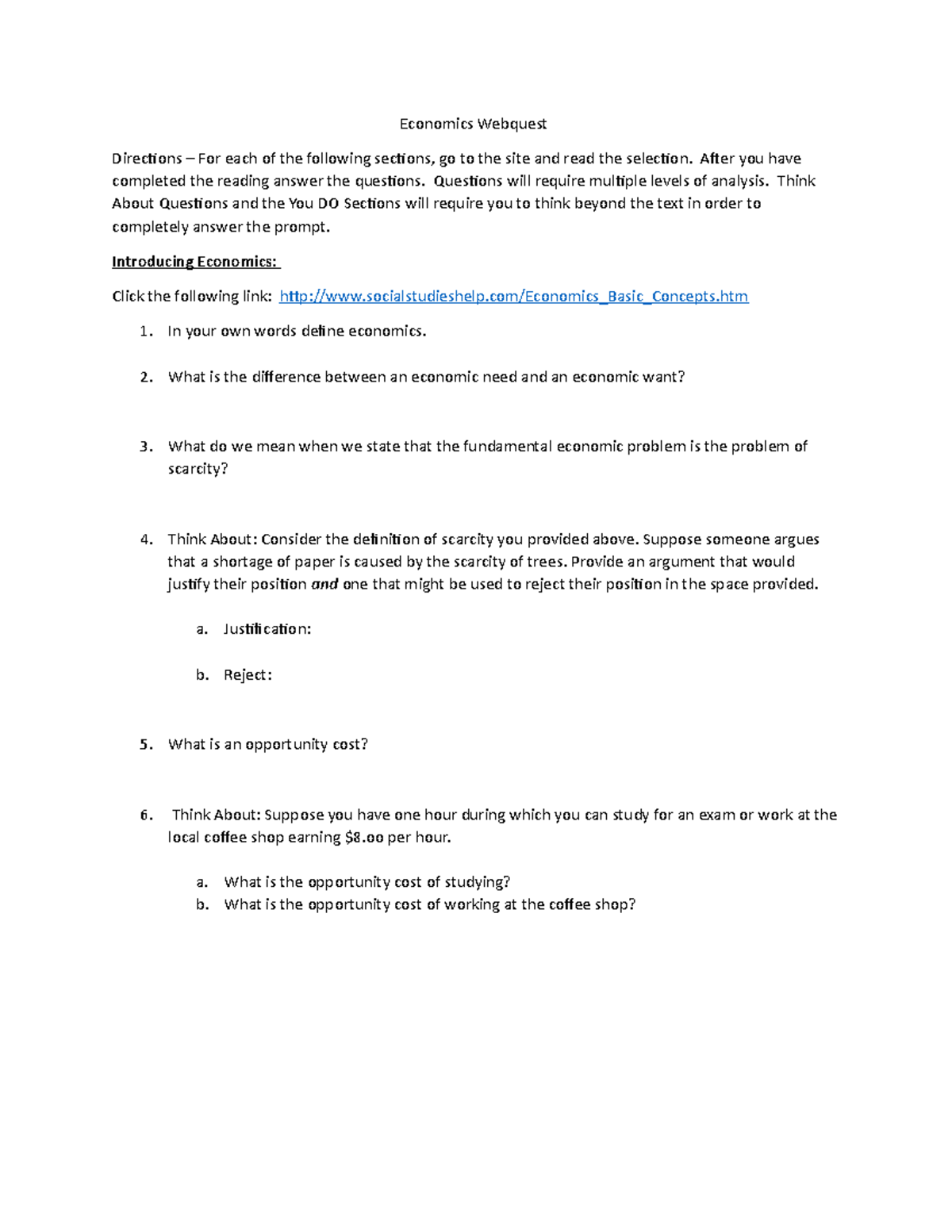 Economics Webquest - Economics Webquest Directions – For each of the ...