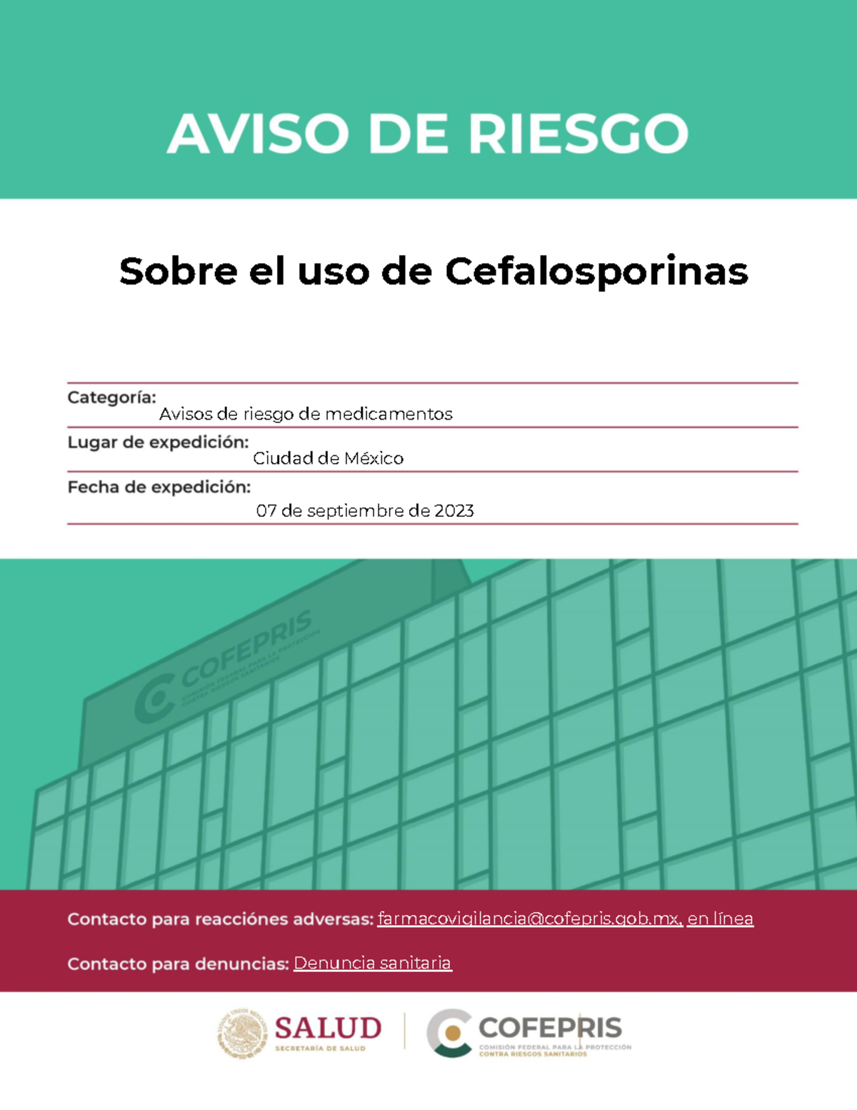 Avisos de riesgo Cefalosporinas 07092023 - OCF-SGC-P-01-POI-01-L-01-F-02 Rev. 01 1 de 3 Av ...