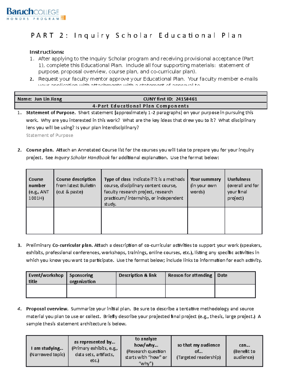 Education Plan Inquiry Scholar proposal - 4-Part Educational Plan ...