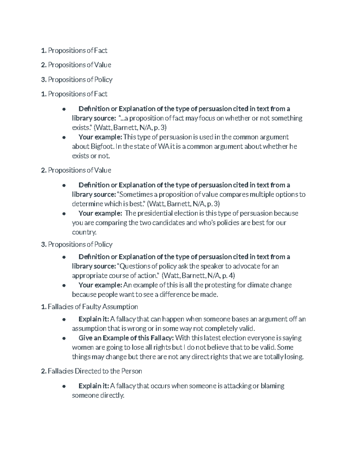 Chapter 16 Written Assignment - Propositions of Fact Propositions of Value Propositions of ...