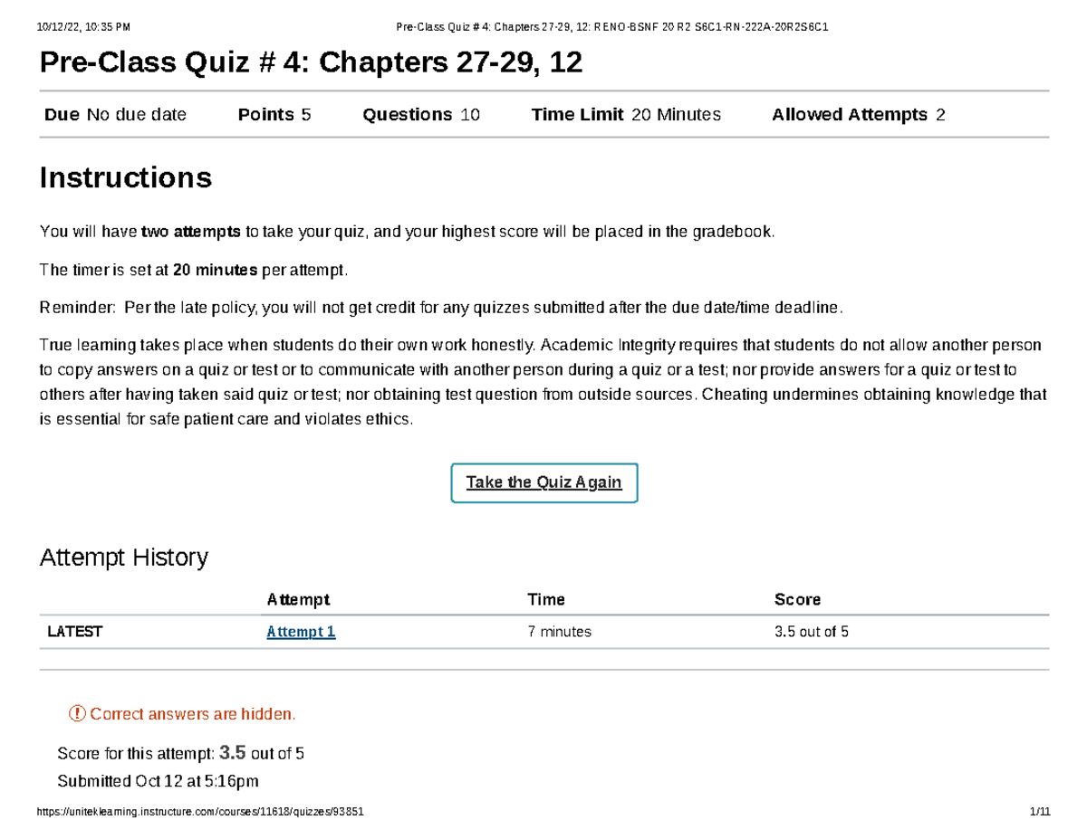 Pre-Class Quiz # 4 Chapters 27-29, 12 RENO-BSNF 20 R2 S6C1-RN-222A-20R2S6C1 - Pre-Class Quiz # 4 ...