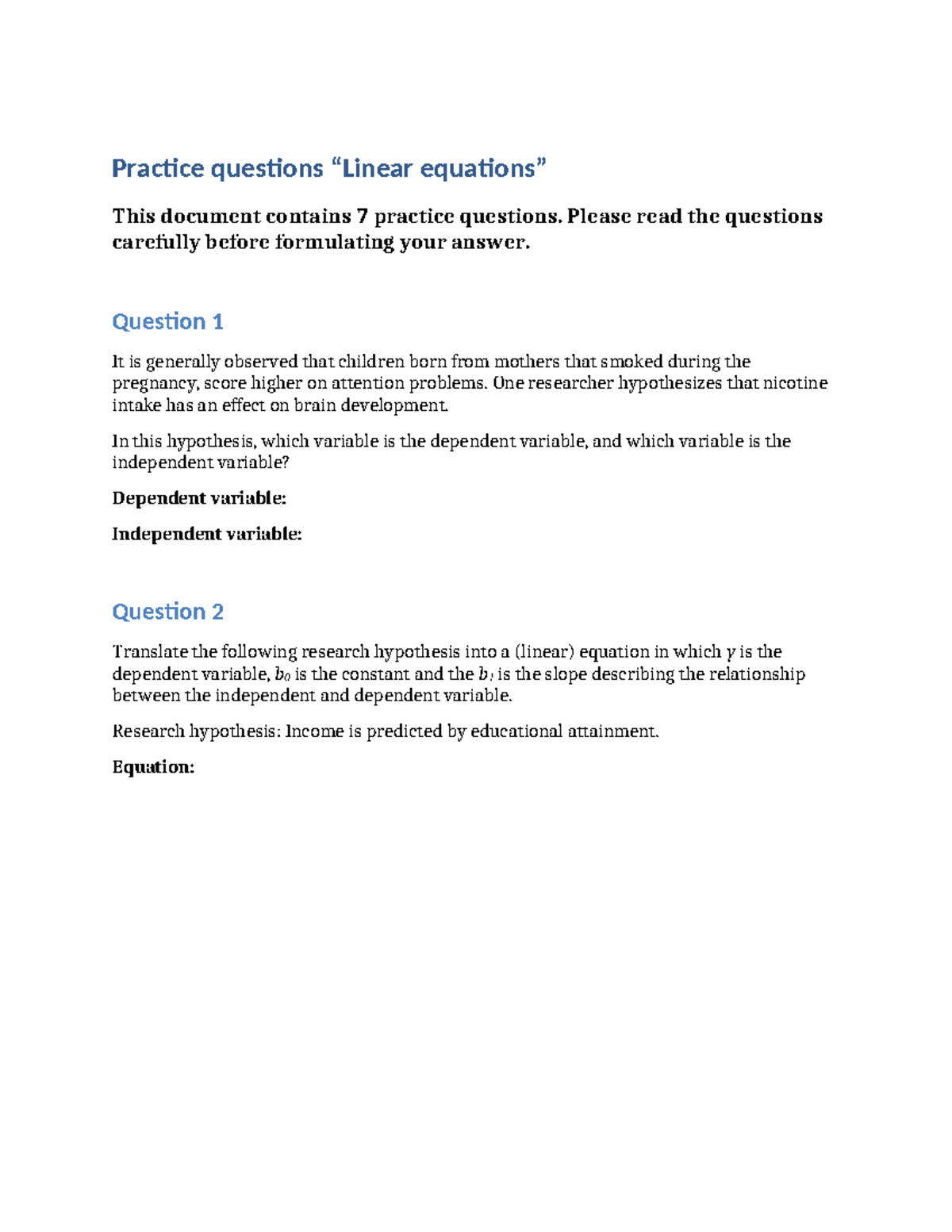 Practice questions unit 110 - Practice questions “Linear equations ...