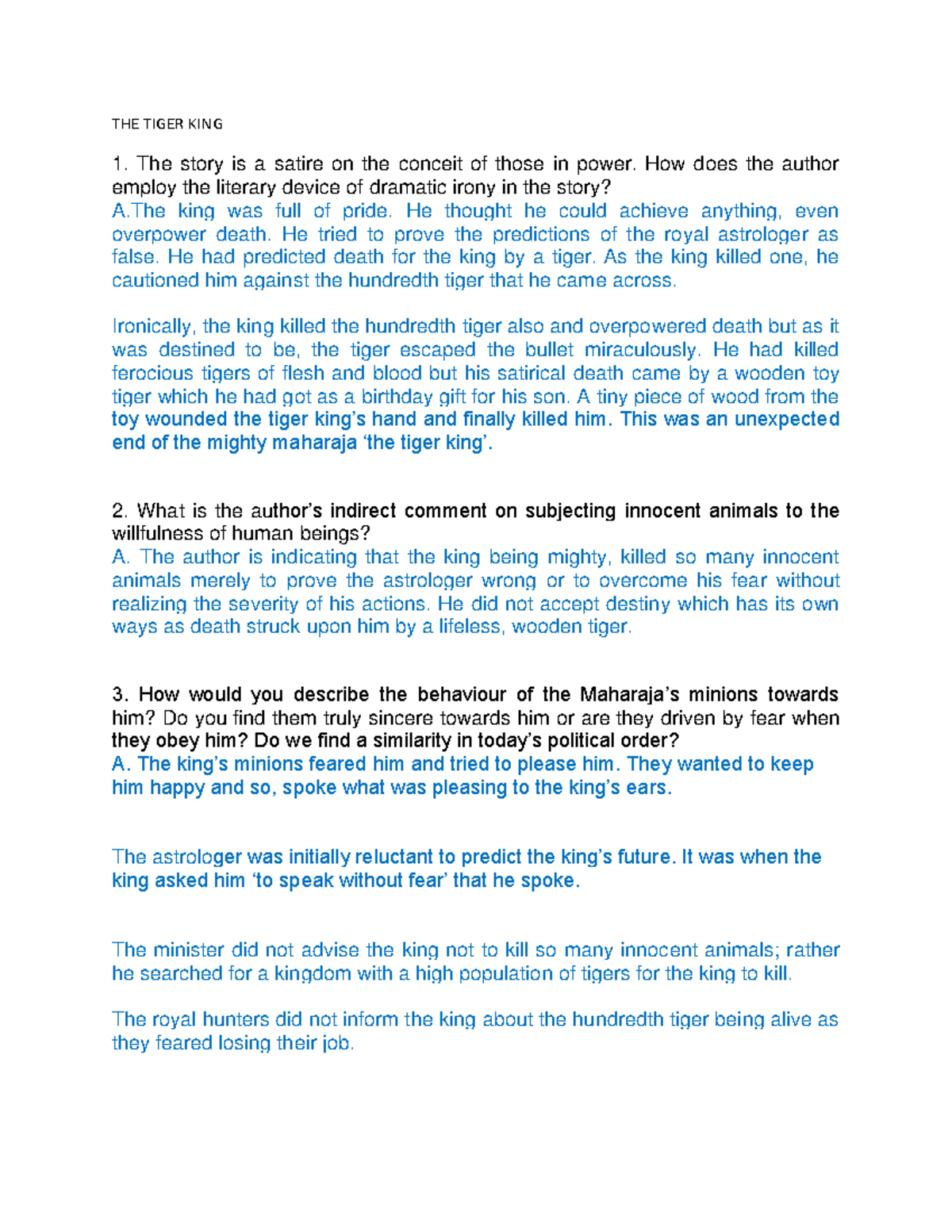 THE Tiger KING - detailed views of story and questions - THE TIGER KING ...