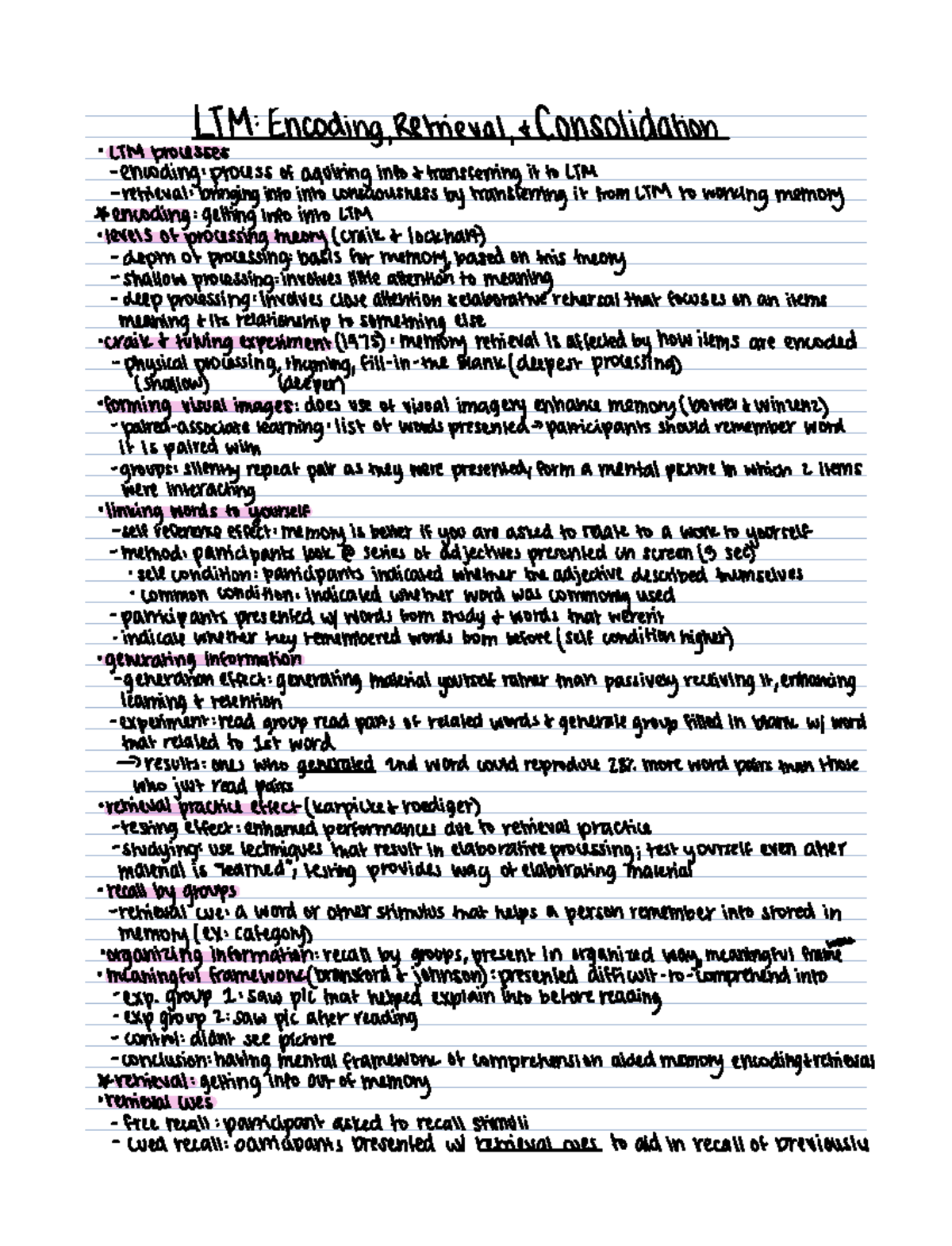 Psy 422 Encoding Retrieval And Consolidation Chapter 7 Ltm Encoding Retrieval Consolidation