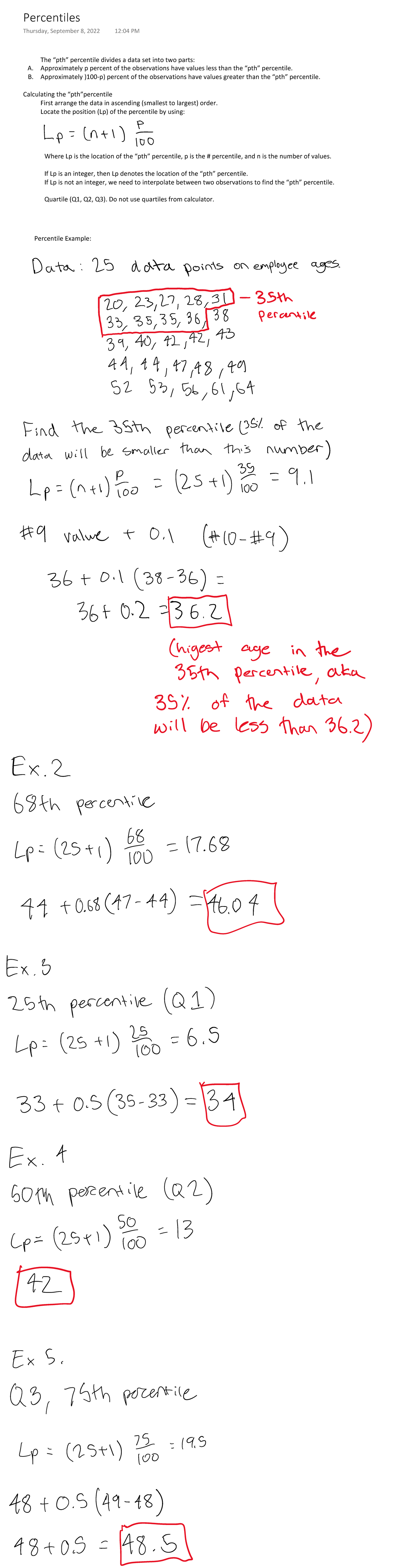 Percentiles - NOTES - The “pth” percentile divides a data set into two ...