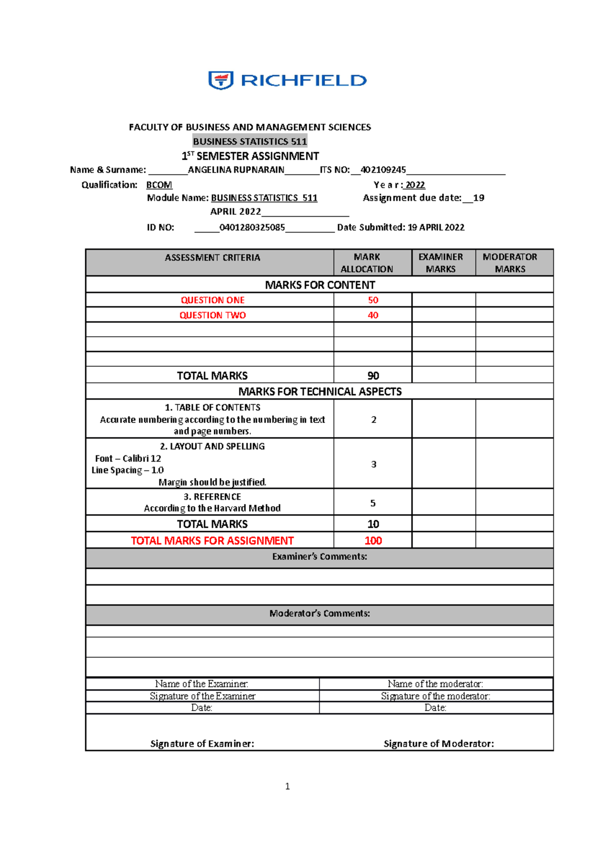 402109245 Business Statistics 511 - FACULTY OF BUSINESS AND MANAGEMENT ...