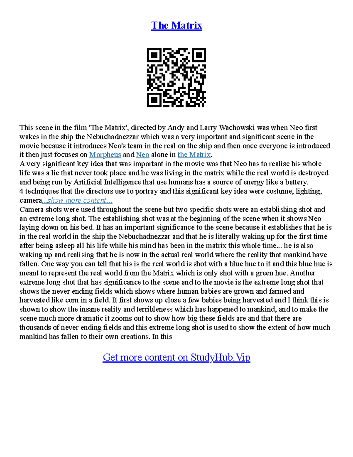 Essay On The Matrix - The Matrix This scene in the film 'The Matrix ...