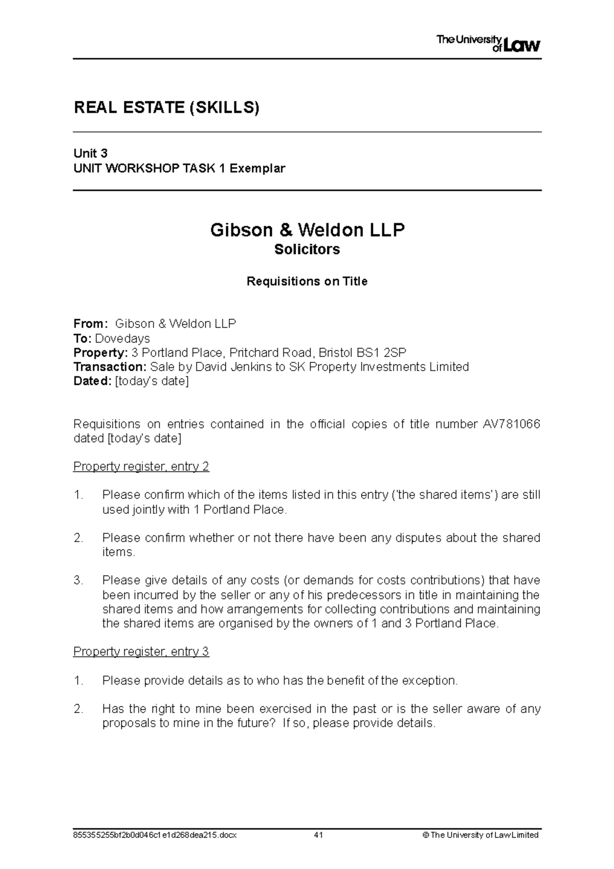 Workshop 3 Task Exemplar - REAL ESTATE (SKILLS) Unit 3 UNIT WORKSHOP ...