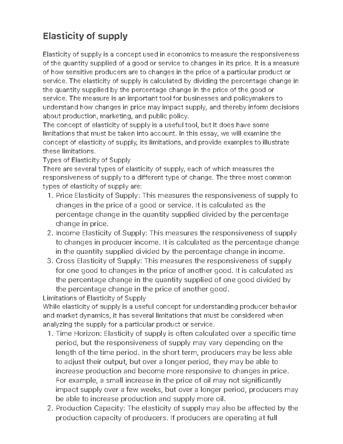 Elasticity of supply - notes - 1. 2. 3. 1. 2. Elasticity of supply ...