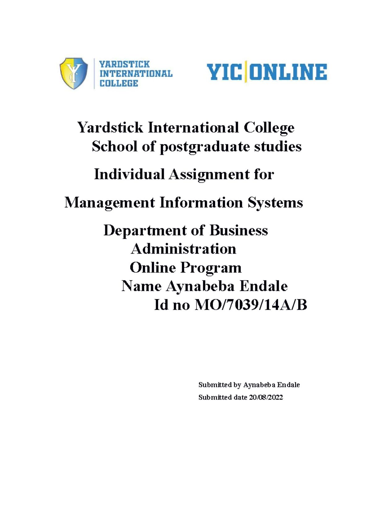 Ayni 111 - assignment - Yardstick International College School of ...