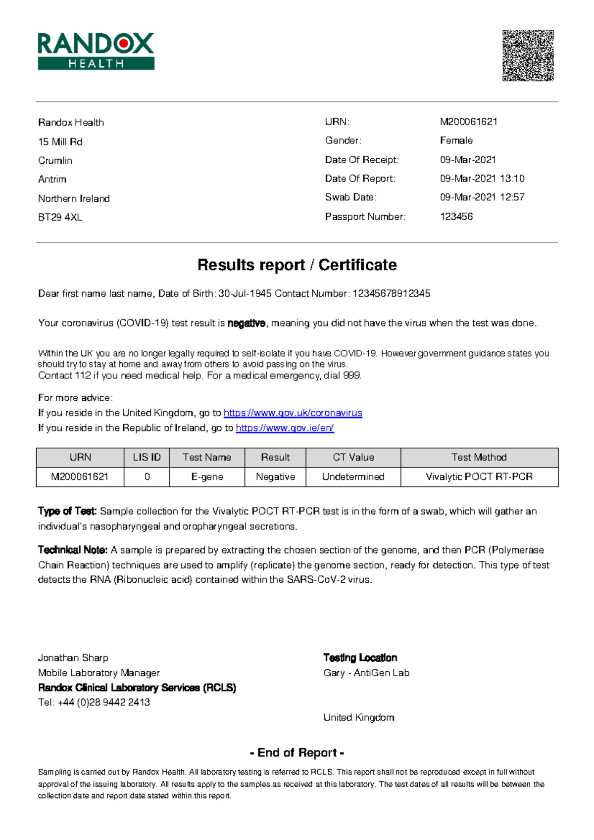 PCR Test Certificate Sample - - Studocu