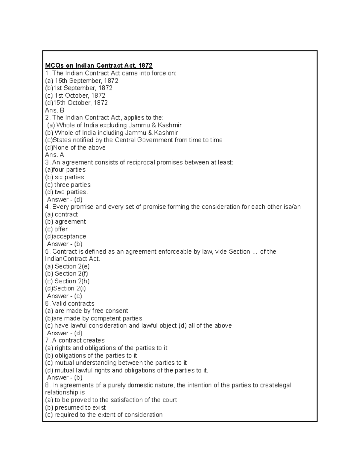 MCQs On Indian Contract Act 1872 B The Indian Contract Act Applies