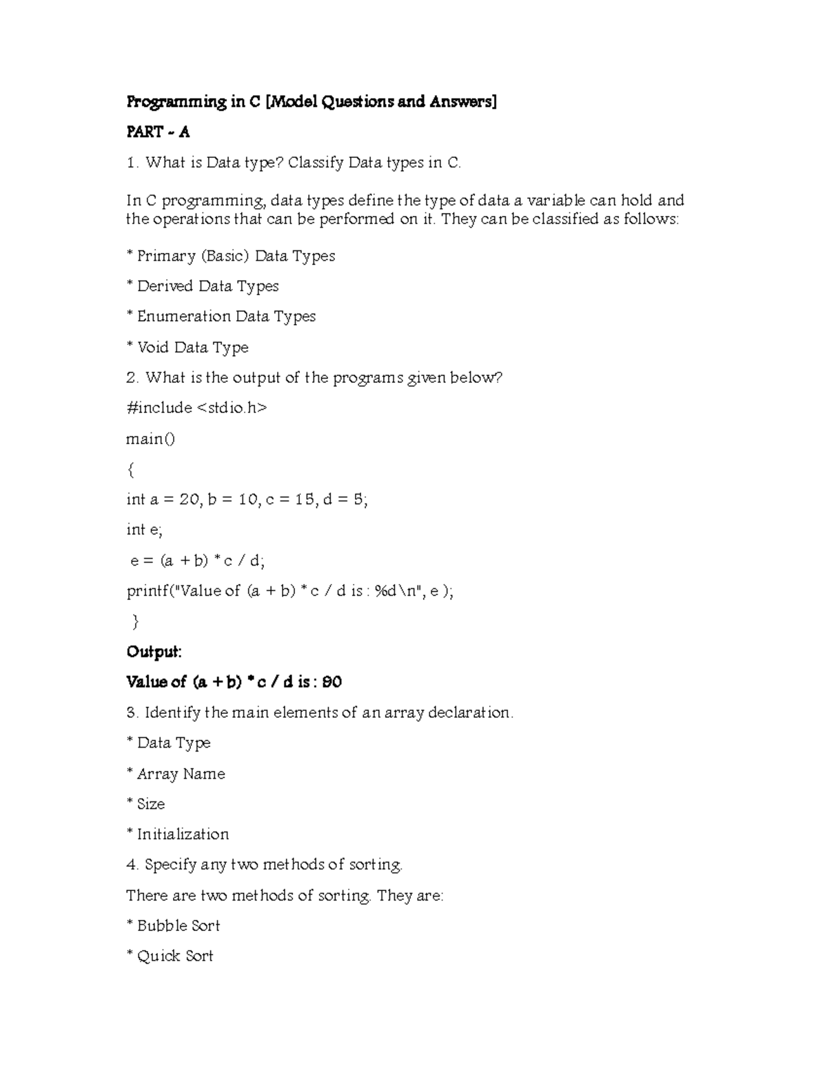 Programming In C [Model] Answers-1 - Programming in C [Model Questions and Answers] PART - A 1 ...
