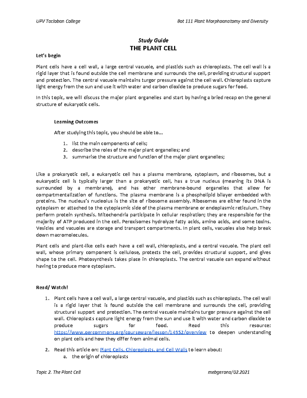 BOT111-WEEK2-Study Guide The Plant Cell - UPV Tacloban College Bot 111 ...